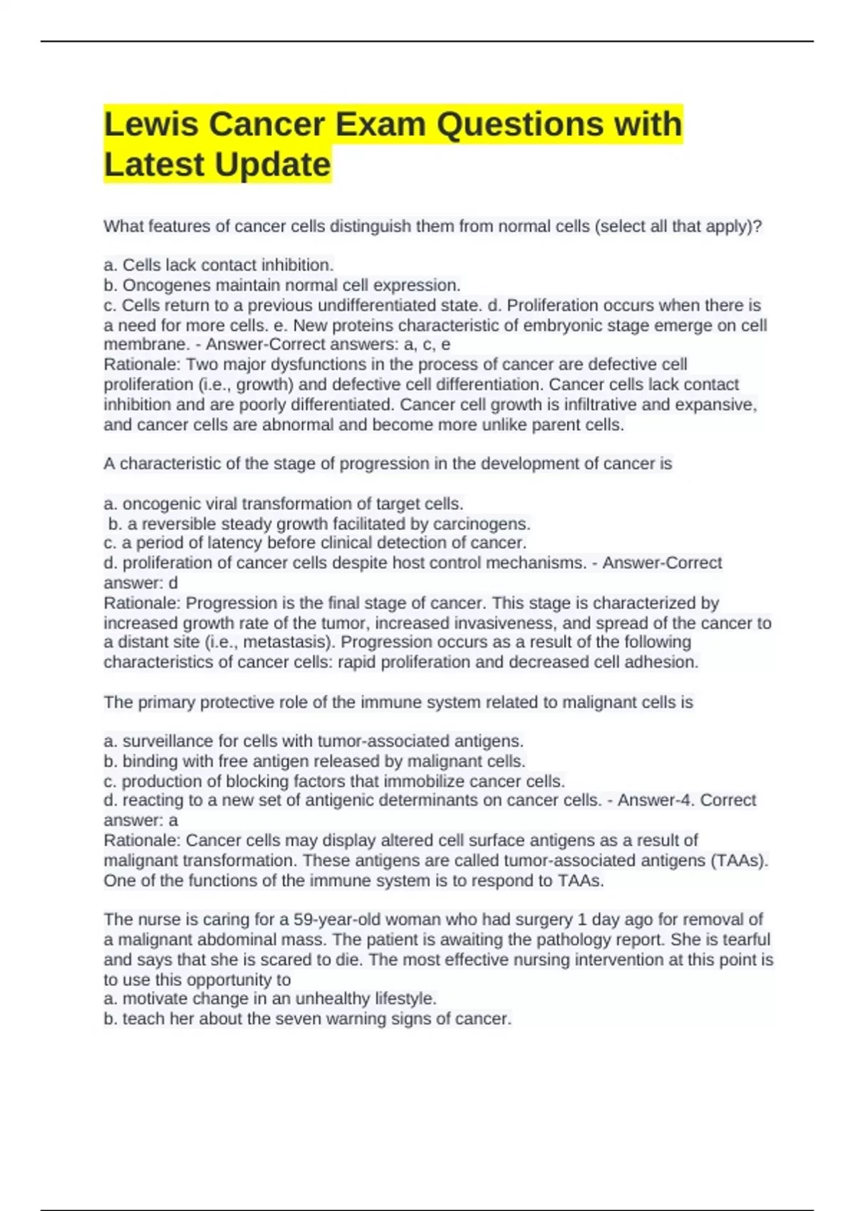 Lewis Cancer Exam Questions with Latest Update - C ANCER - Stuvia US