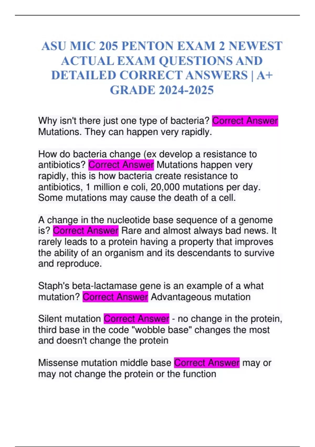 ASU MIC 205 PENTON EXAM 2 NEWEST ACTUAL EXAM QUESTIONS AND DETAILED CORRECT ANSWERS | A+ GRADE ...