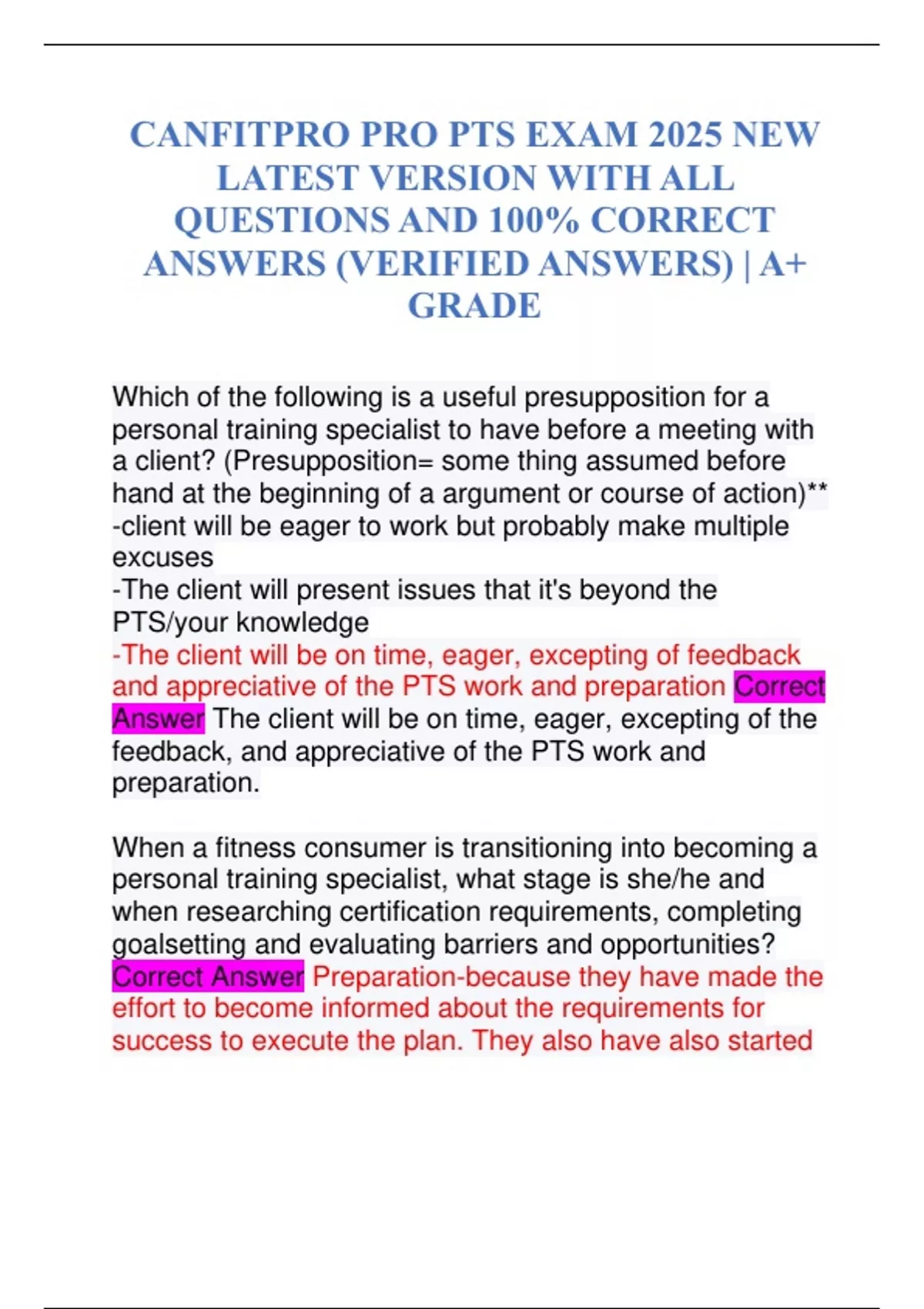 CANFITPRO PRO PTS EXAM 2025 NEW LATEST VERSION WITH ALL QUESTIONS AND ...