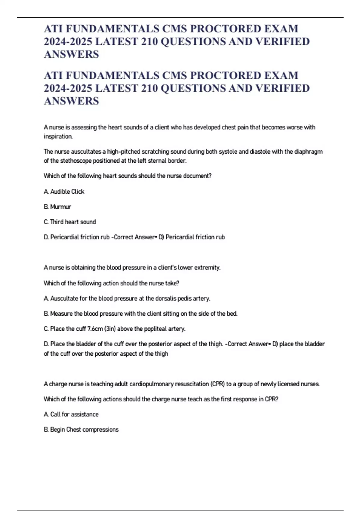 ATI FUNDAMENTALS CMS PROCTORED EXAM LATEST 210 QUESTIONS AND VERIFIED ...