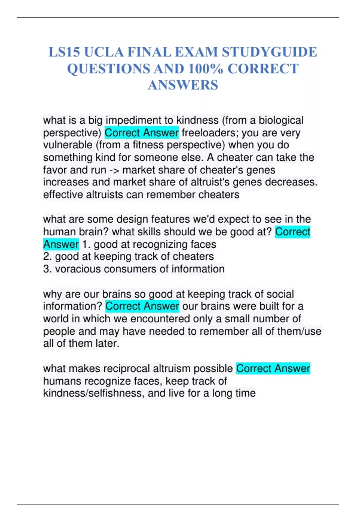 LS15 UCLA FINAL EXAM STUDYGUIDE QUESTIONS AND 100% CORRECT ANSWERS ...