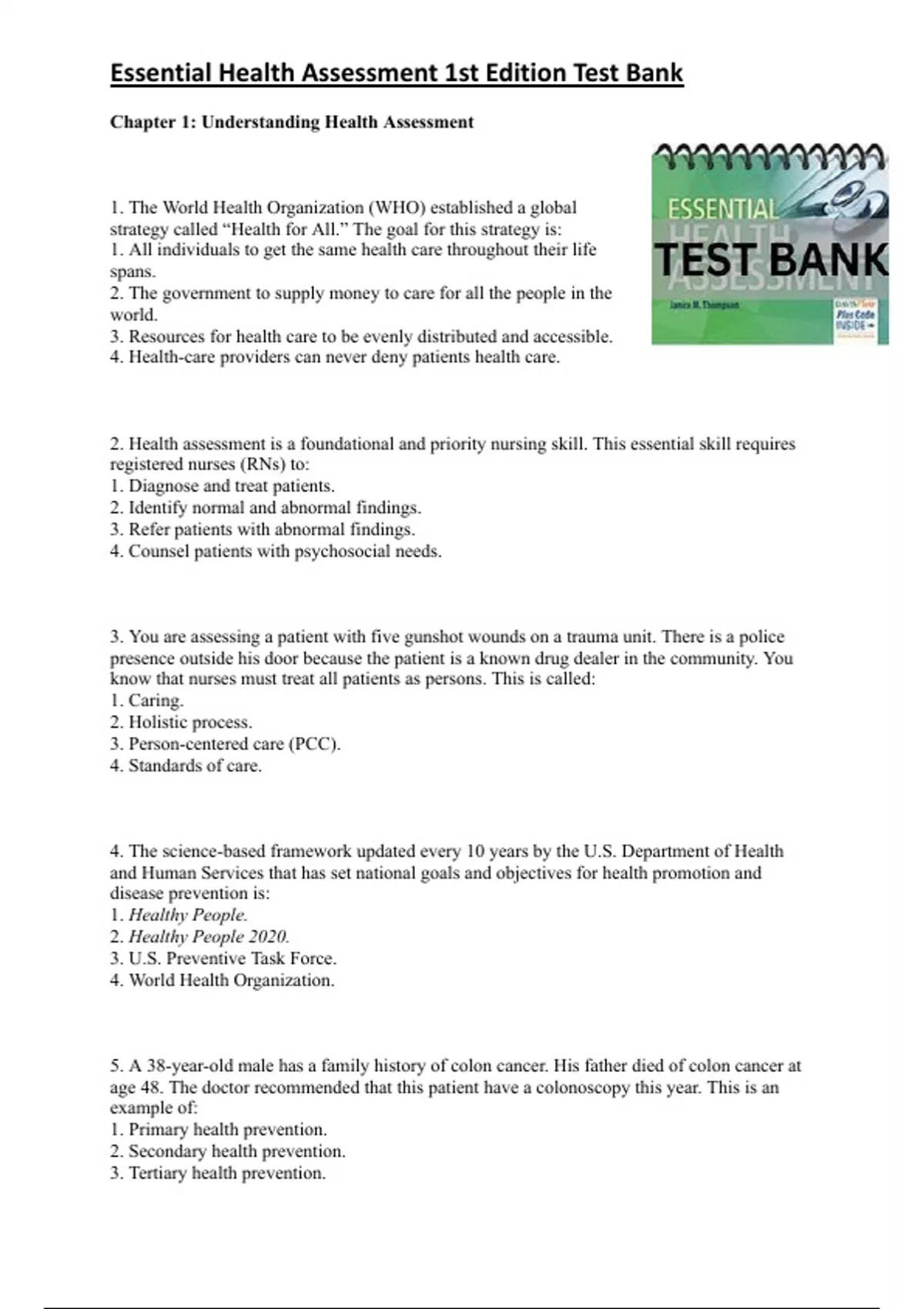 Essential Health Assessment 1st Edition Test Bank by Janice Thompson ...