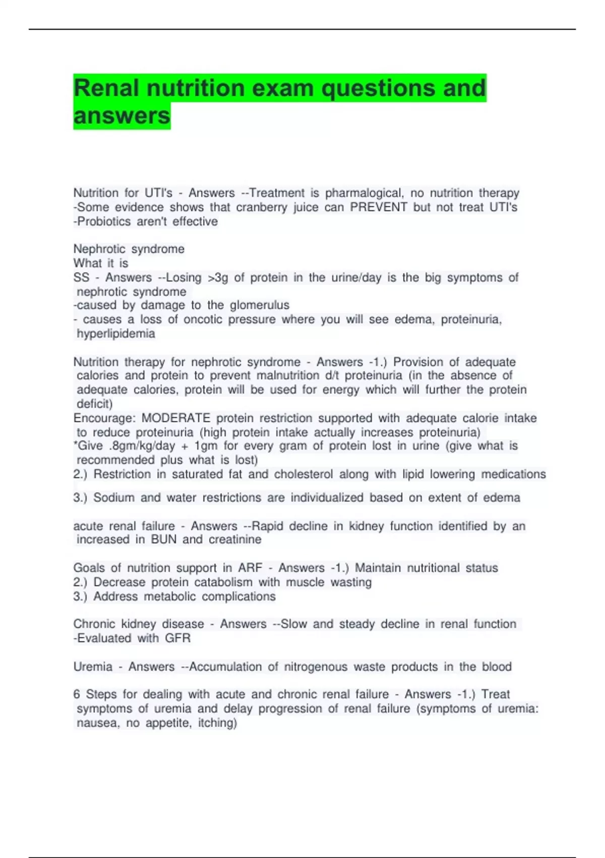Renal nutrition exam questions and answers - Renal nutrition - Stuvia US