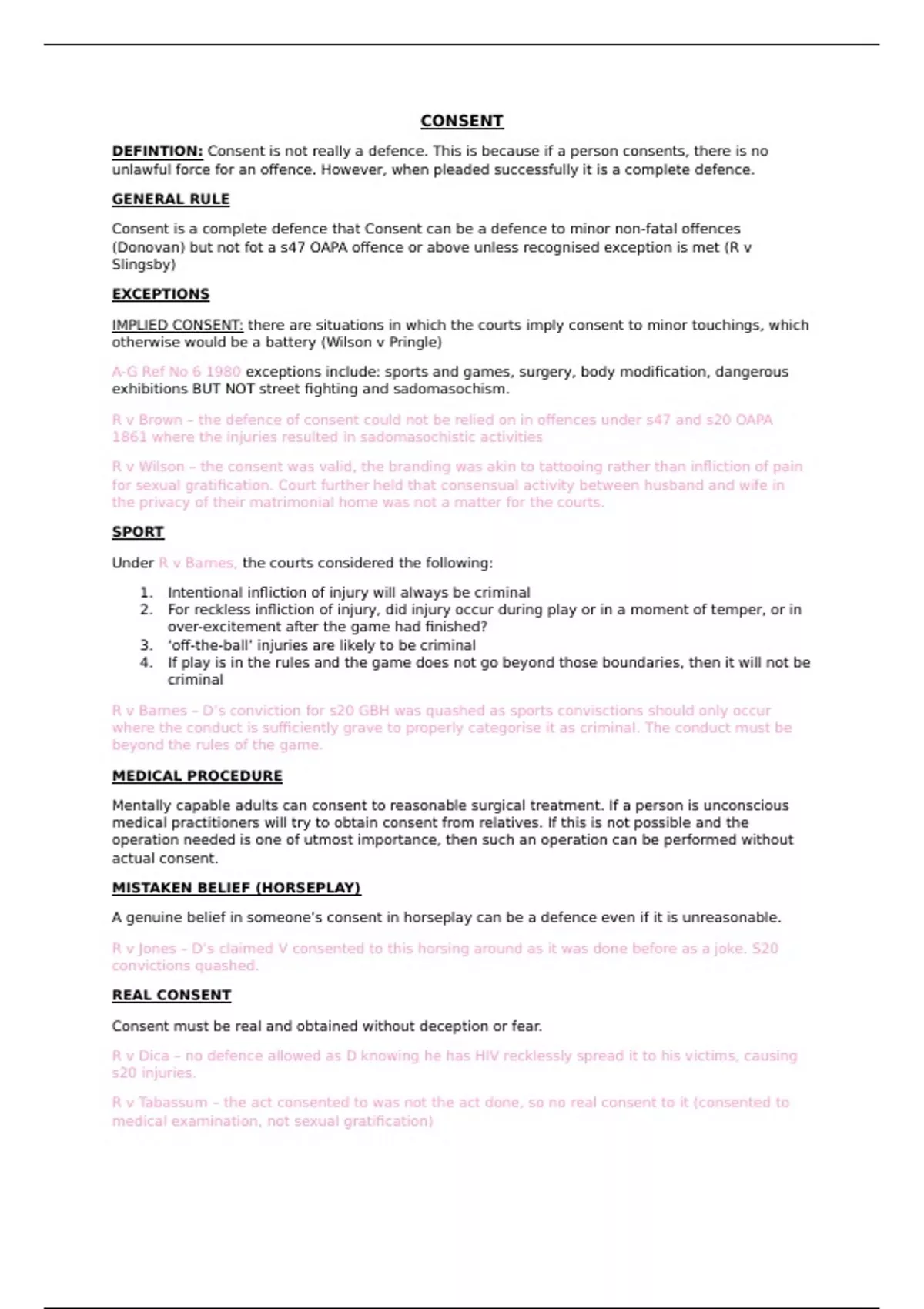 Summary A-Level OCR Law Consent AO1 - A2 Unit G153 - Criminal Law ...