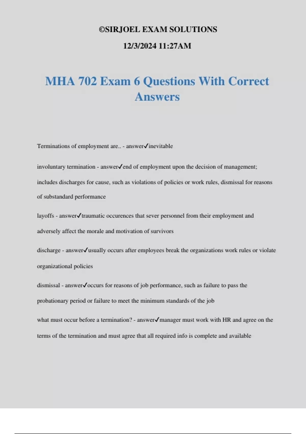 MHA 702 Exam 6 Questions With Correct Answers - LSUS MHA 702 - Stuvia US