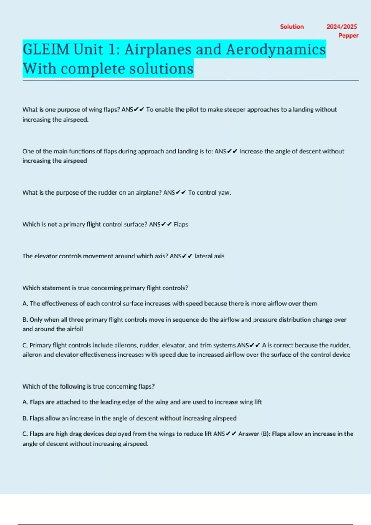 GLEIM Unit 1 Airplanes and Aerodynamics With complete solutions - Gleim ...