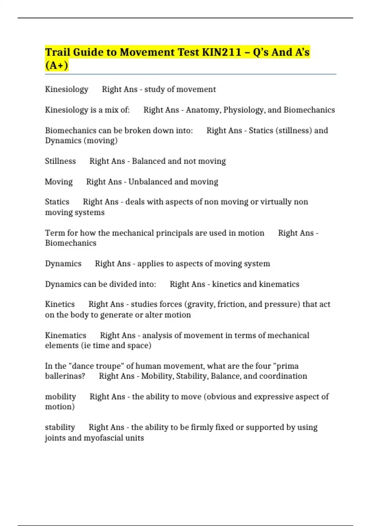 Trail Guide to Movement Test KIN211 – Q’s And A’s (A+) - TRAIL - Stuvia US