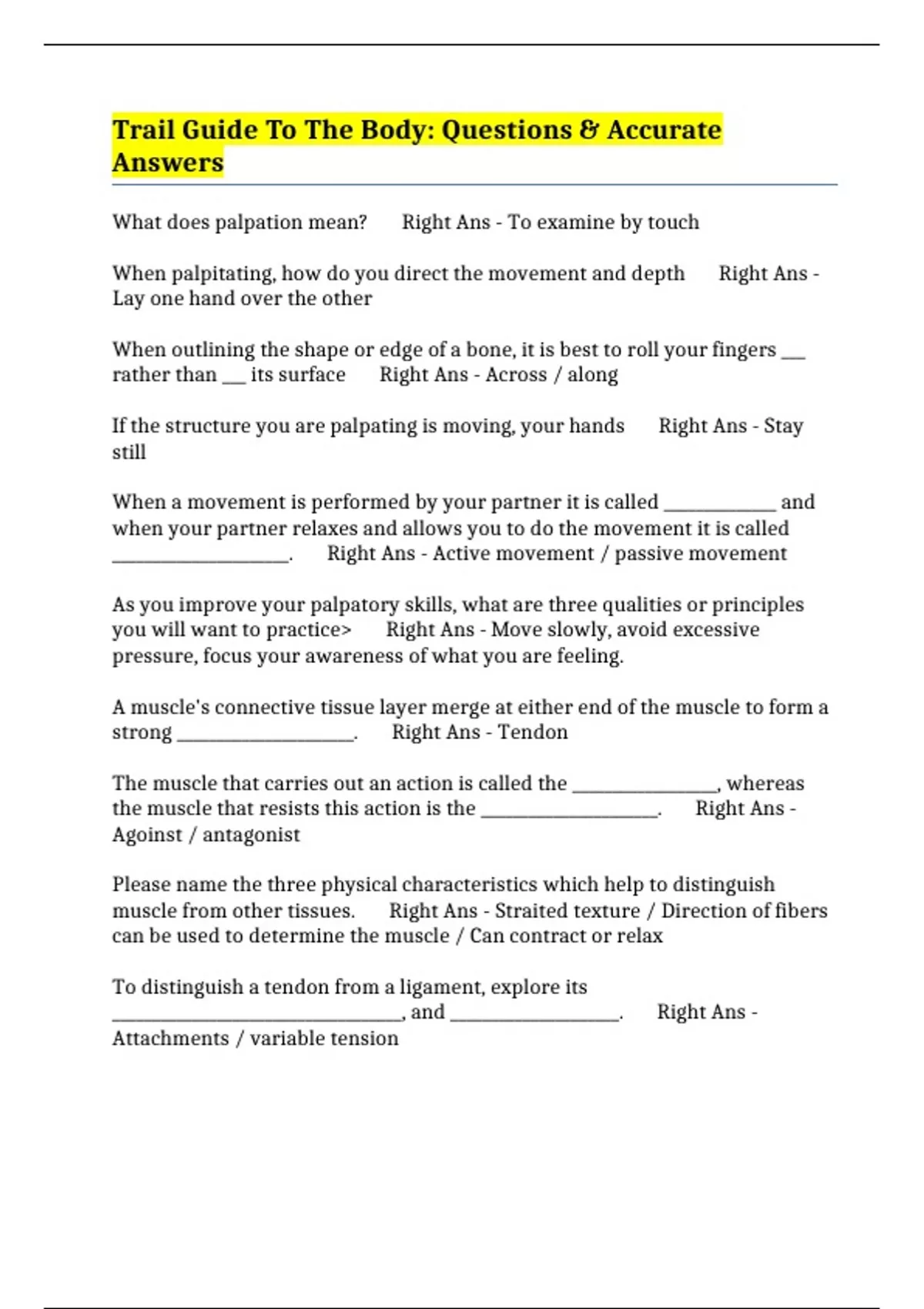 Trail Guide To The Body: Questions & Accurate Answers - TRAIL - Stuvia US