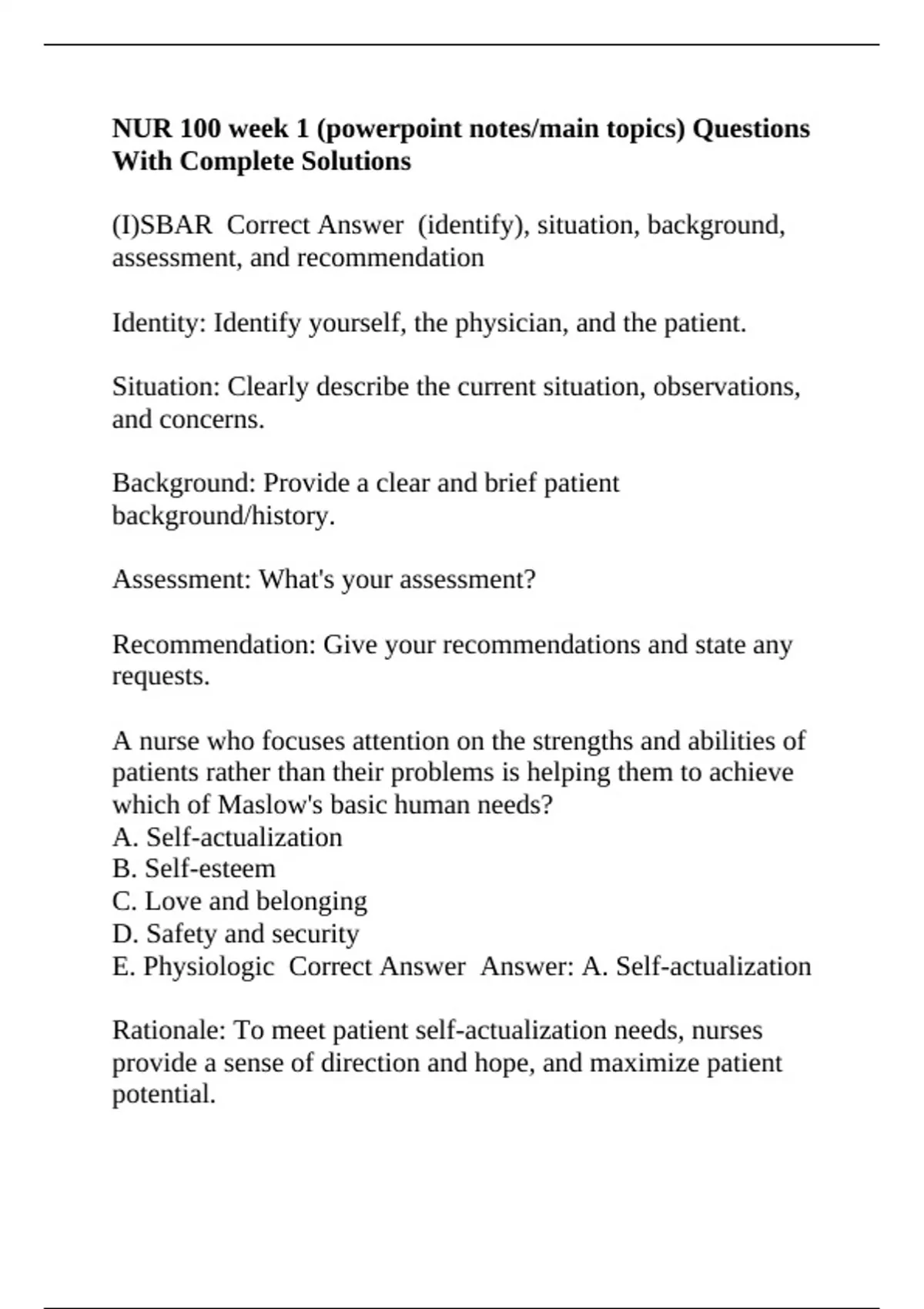 NUR 100 week 1 (powerpoint notes/main topics) Questions With Complete ...