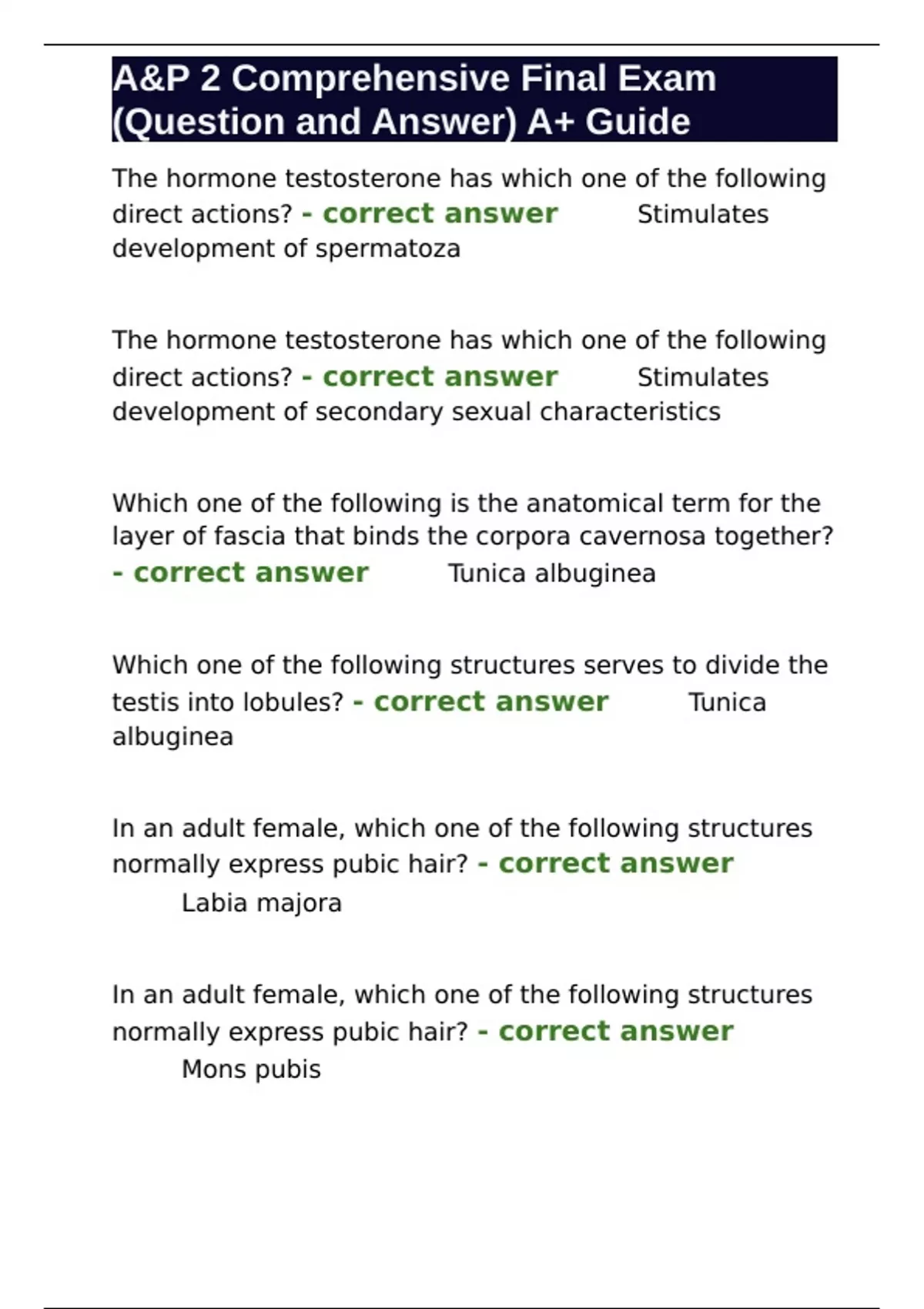 A&P 2 Comprehensive Final Exam (Question and Answer) A+ Guide - A&P 2 ...