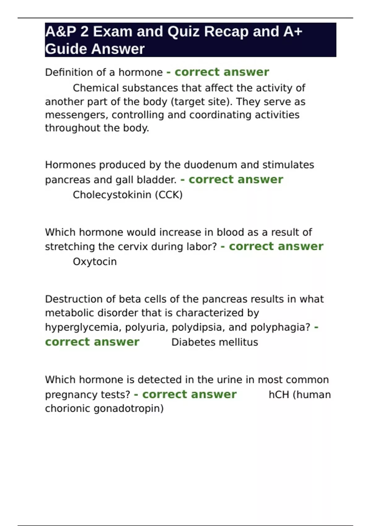 A&P 2 Exam and Quiz Recap and A+ Guide Answer. - A&P 2 - Stuvia US