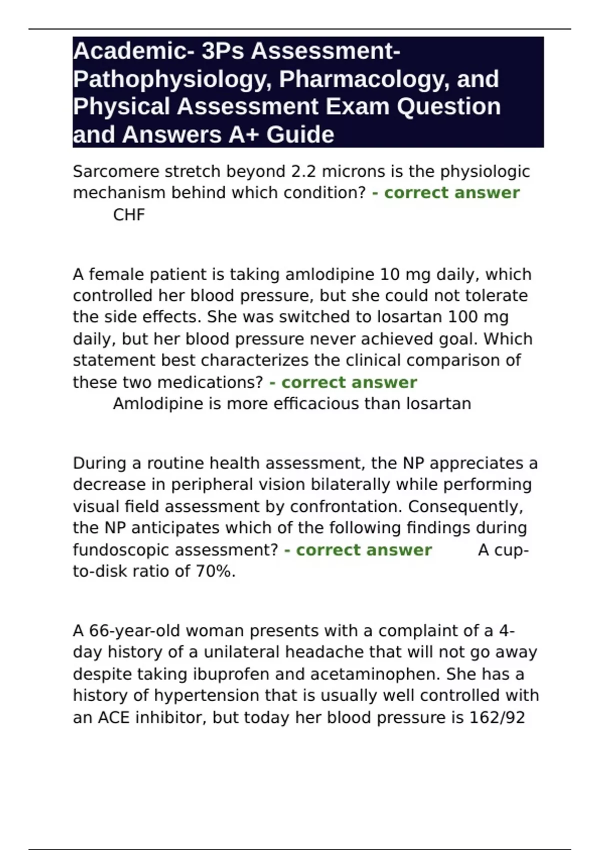 Academic- 3Ps Assessment- Pathophysiology, Pharmacology, and Physical Assessment Exam Question ...