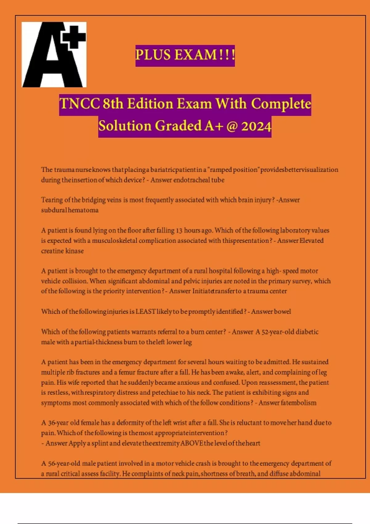 TNCC 8th Edition Exam With Complete Solution Graded A+ 2024 - TNCC 8th ...