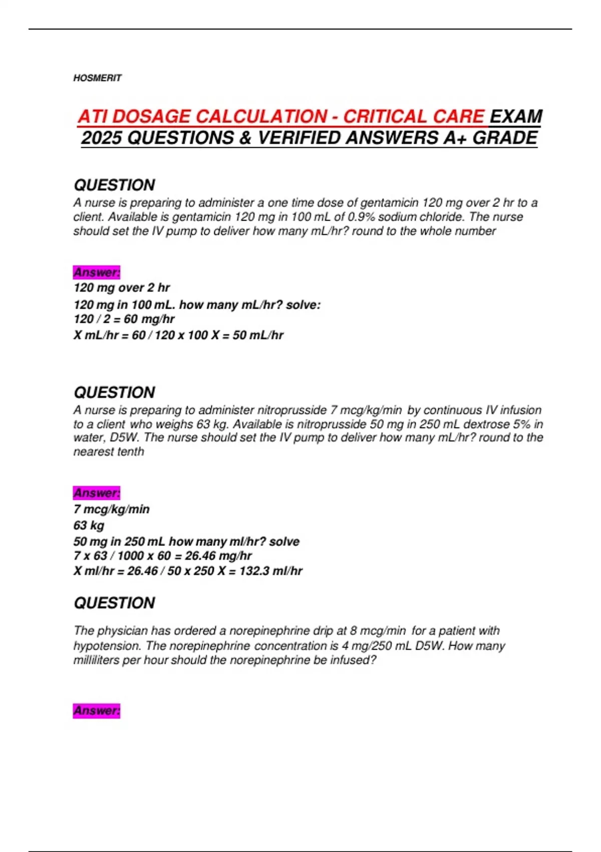 ATI DOSAGE CALCULATION - CRITICAL CARE EXAM 2025 QUESTIONS & VERIFIED ...