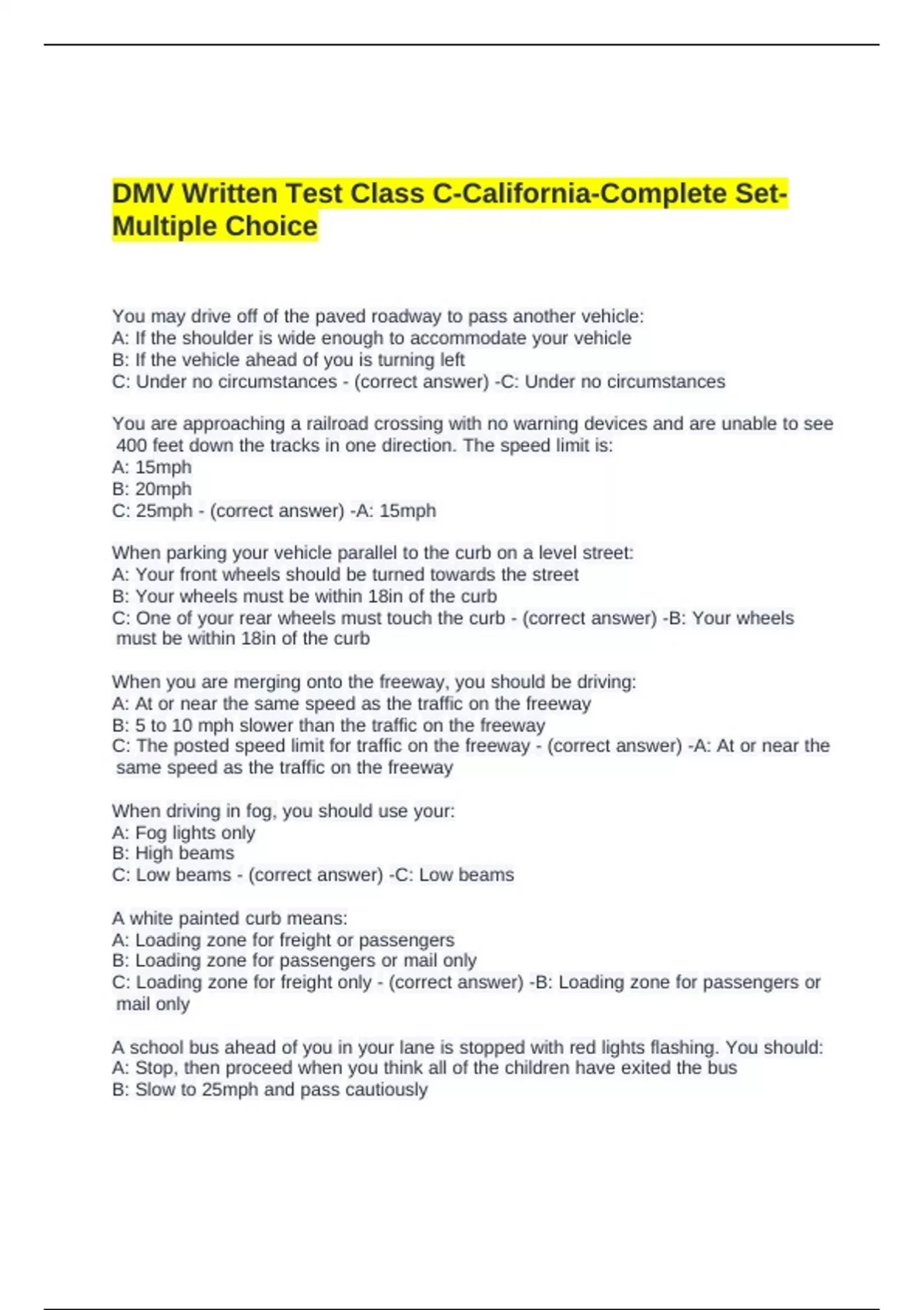 DMV Written Test Class C-California-Complete Set- Multiple Choice - Dmv ...