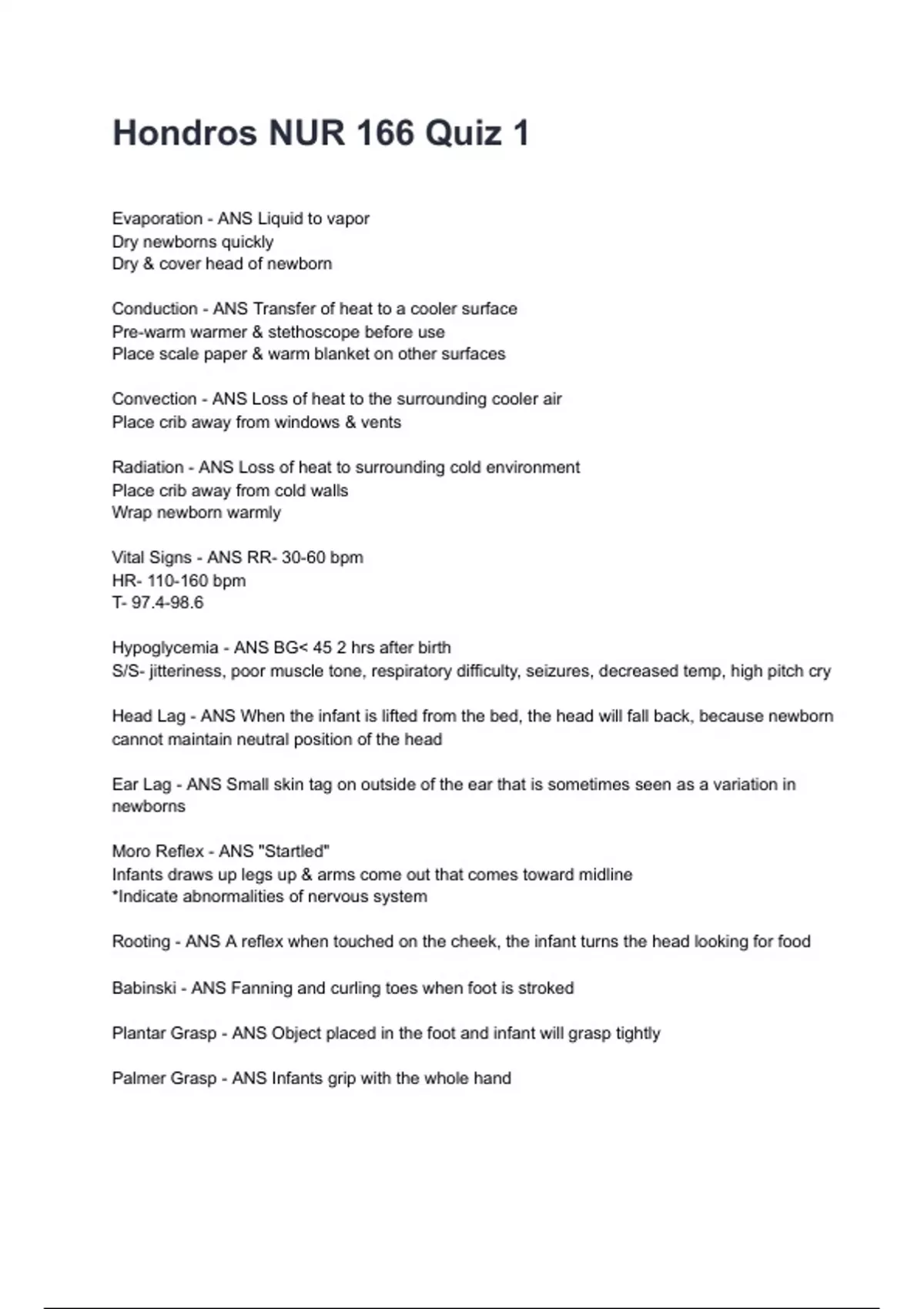 Hondros NUR 166 Quiz 1 Exam 2024/2025 Questions With Completed ...