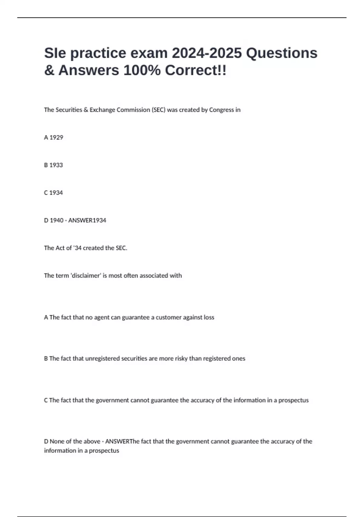 SIe practice exam Questions & Answers 100% Correct!! - SIe - Stuvia US