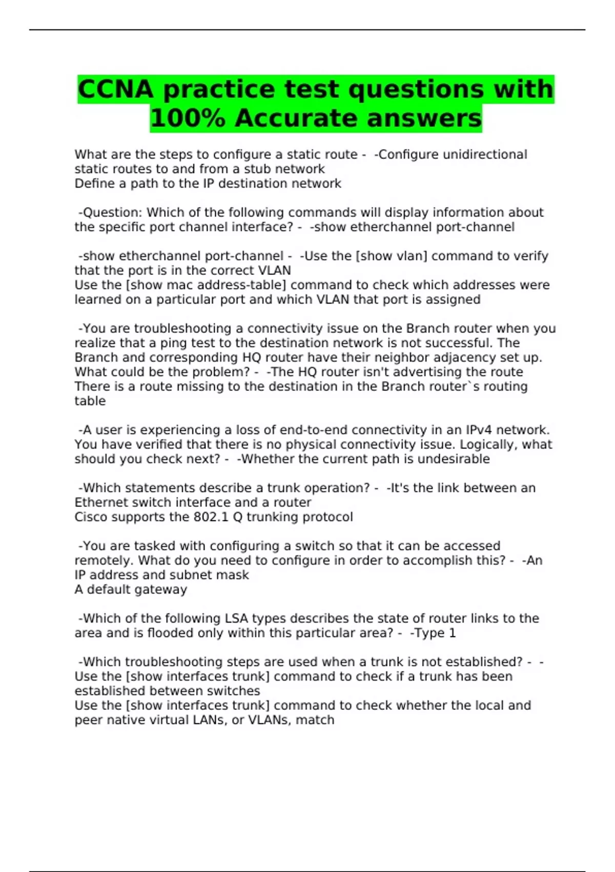 CCNA practice test questions with 100% Accurate answers - CCNA - Stuvia US