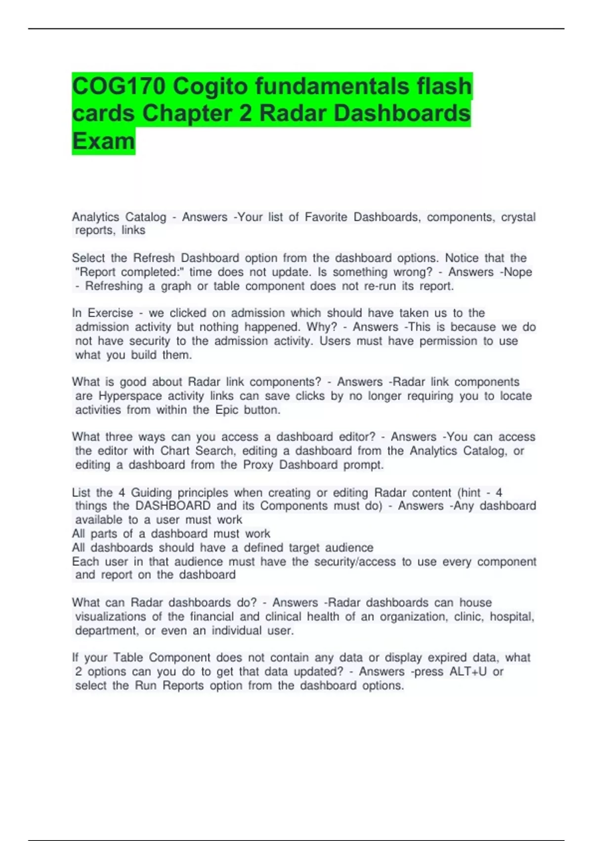 COG170 Cogito fundamentals flash cards Chapter 2 Radar Dashboards Exam ...