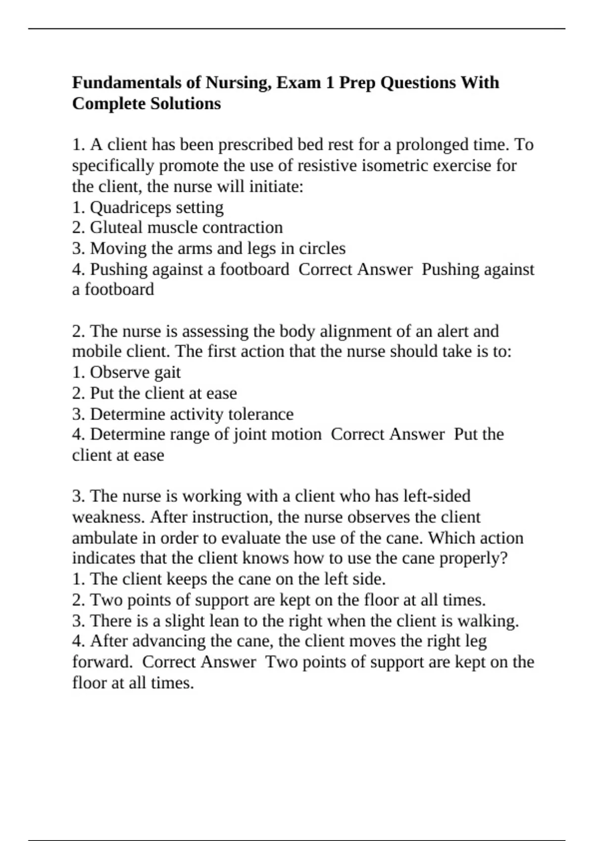 Fundamentals of Nursing, Exam 1 Prep Questions With Complete Solutions ...