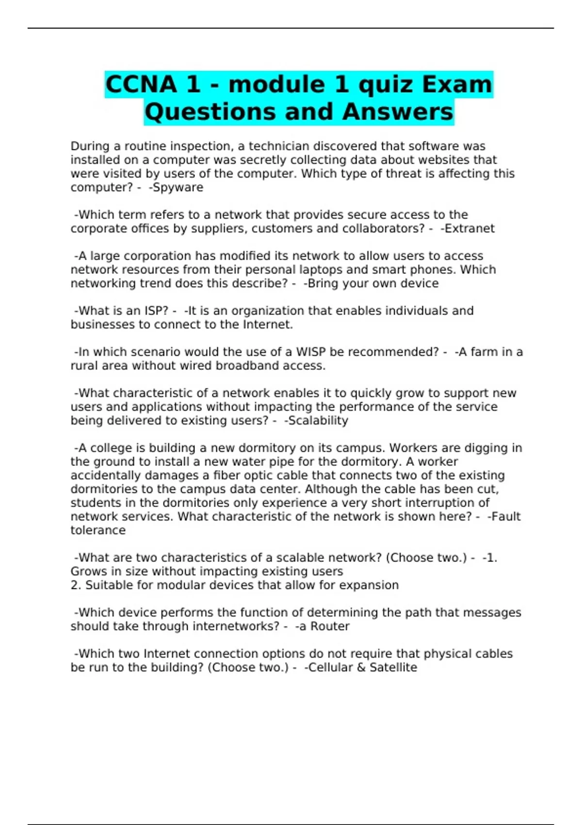 CCNA 1 - module 1 quiz Exam Questions and Answers - CCNA 1 - module 1 - Stuvia US