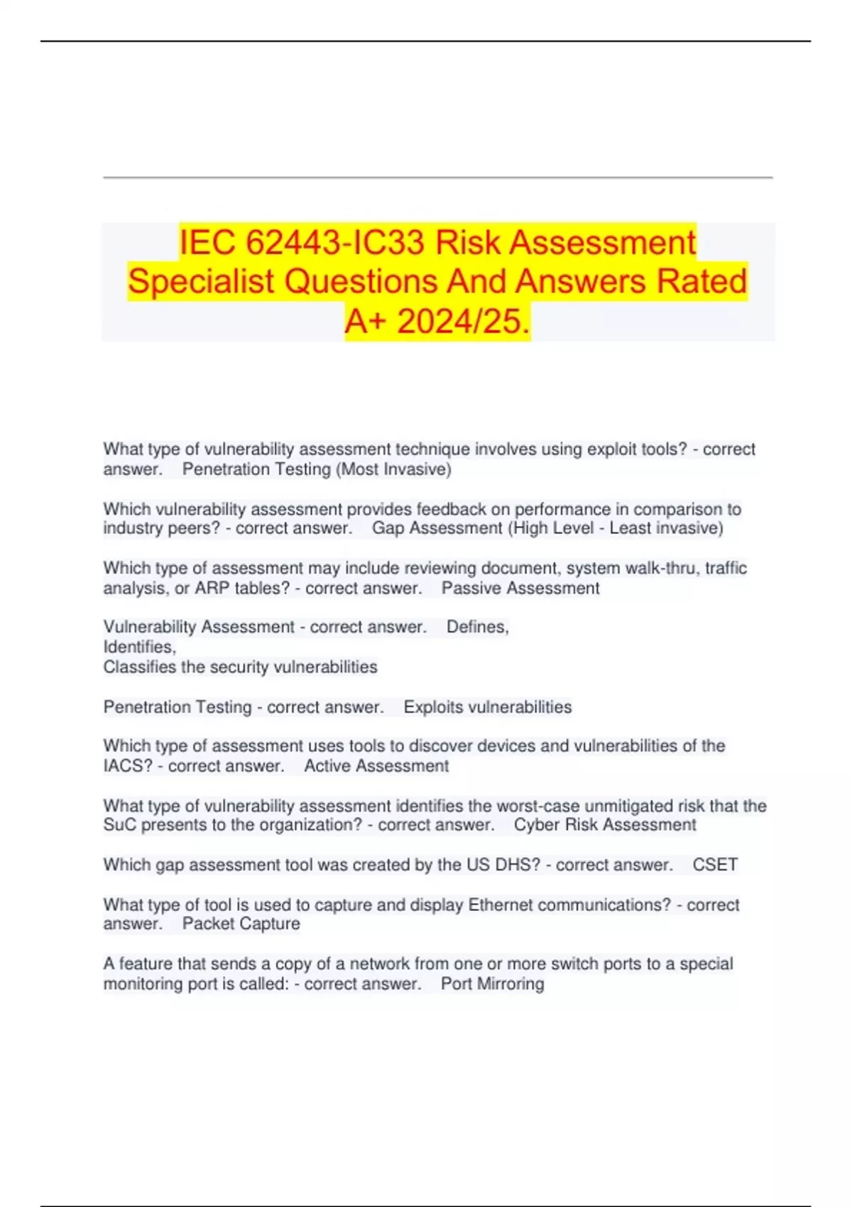 IEC 62443-IC33 Risk Assessment Specialist Questions And Answers Rated ...