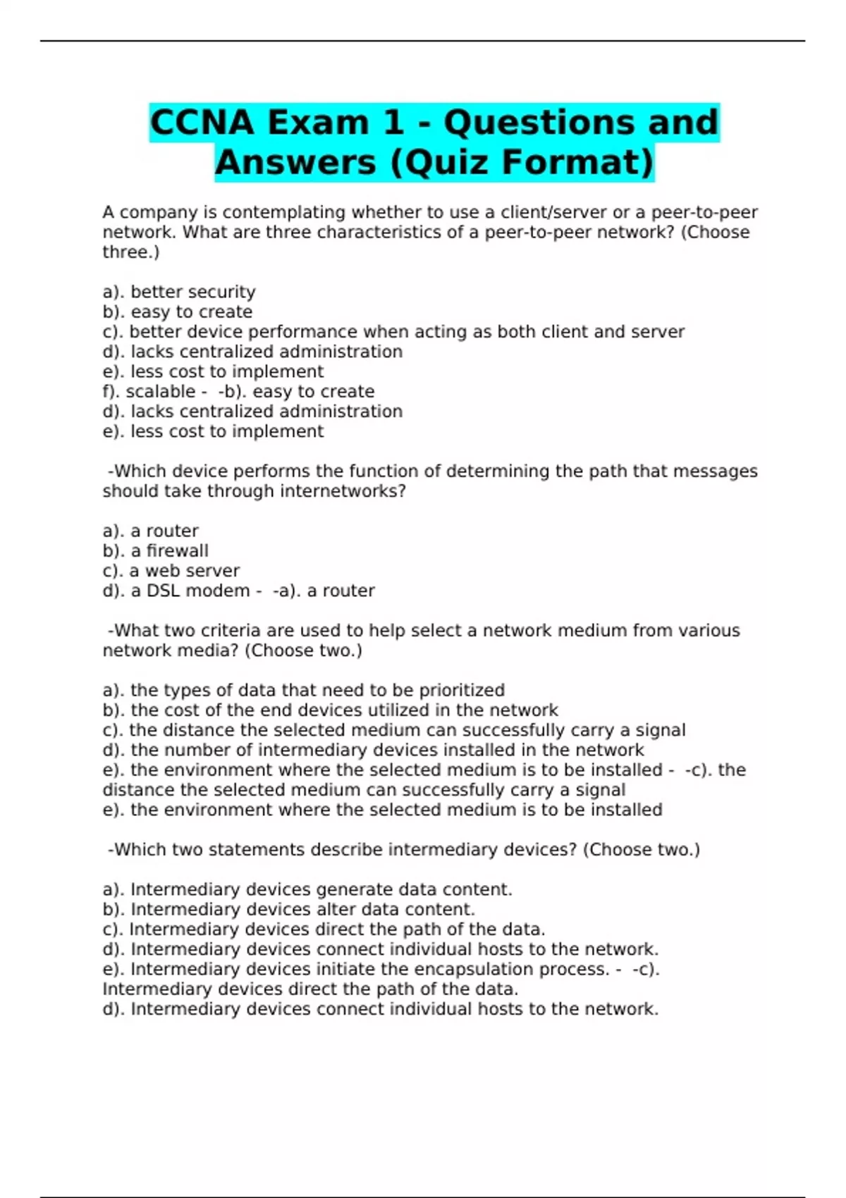 CCNA Exam 1 - Questions and Answers (Quiz Format) - CCNA - Stuvia US