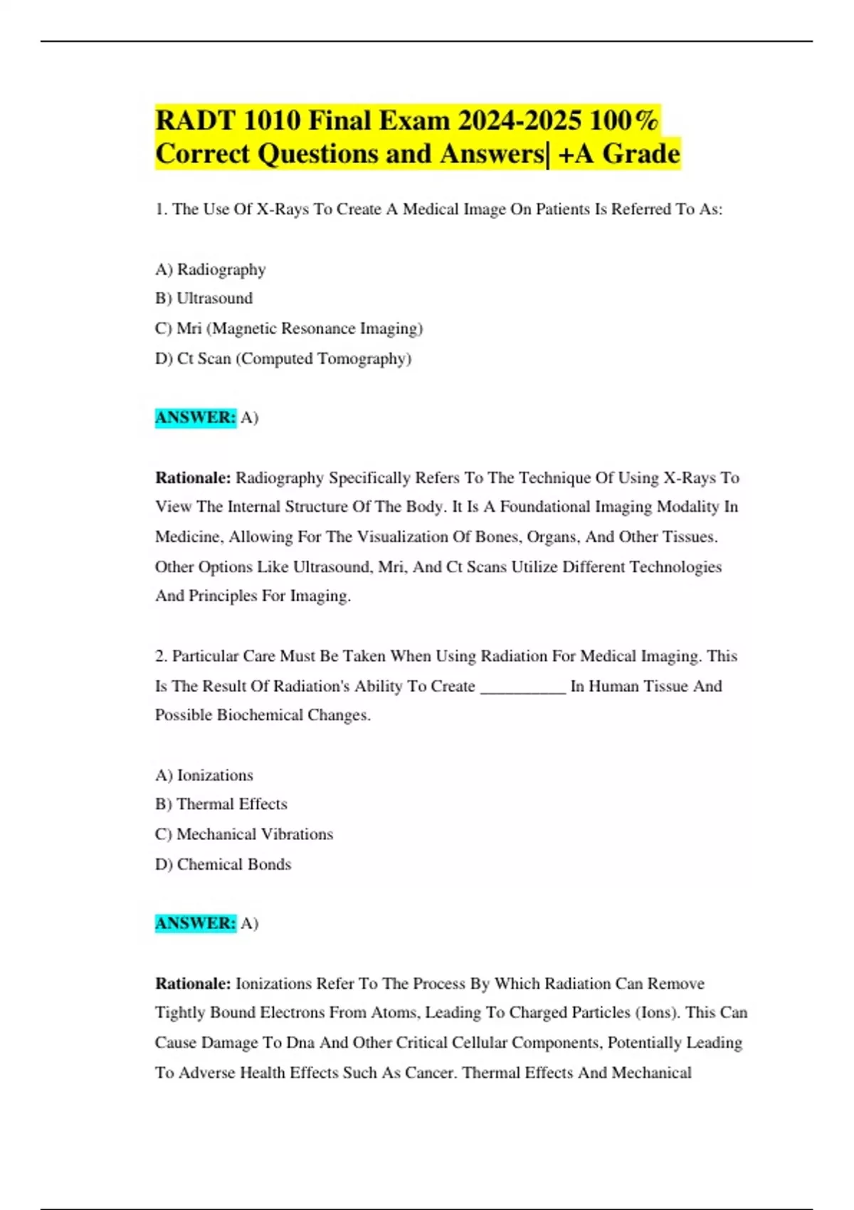 RADT 1010 Final Exam % Correct Questions and Answers| +A Grade - RADT 1010 - Stuvia US