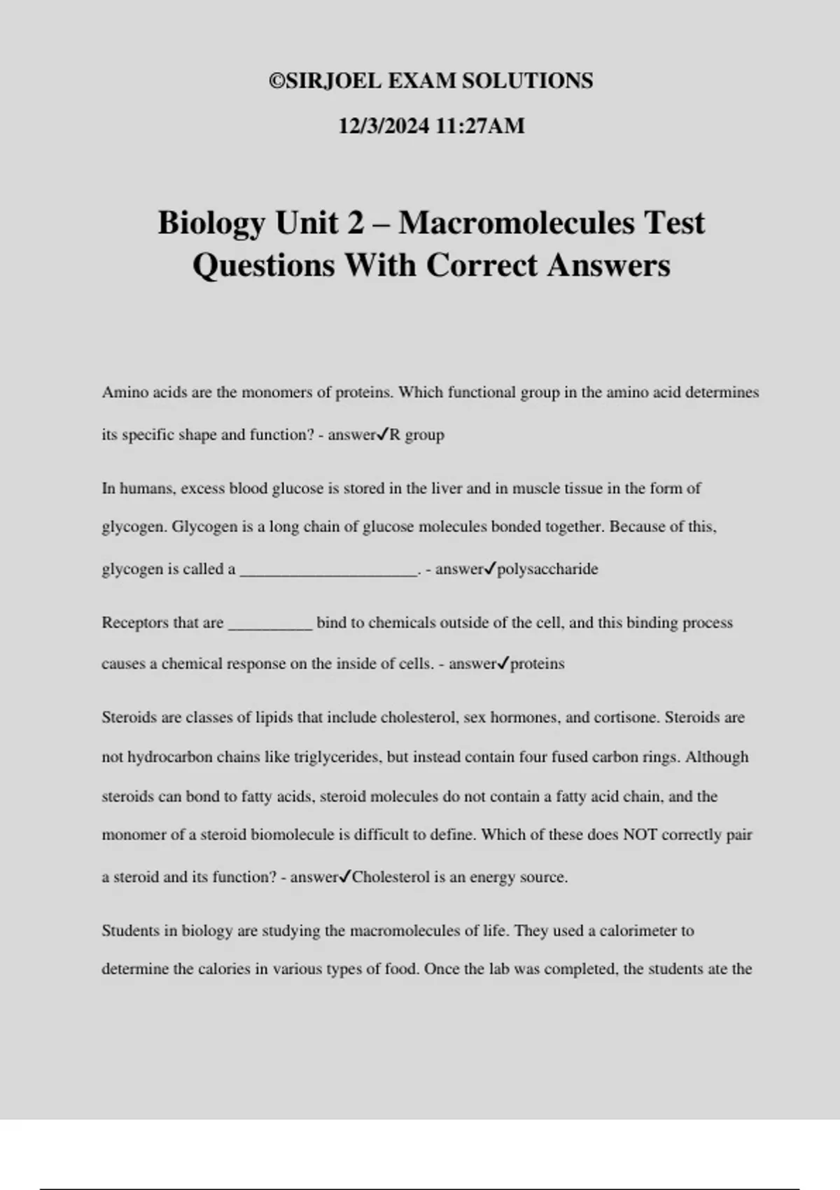 Biology Unit 2 – Macromolecules Test Questions With Correct Answers ...