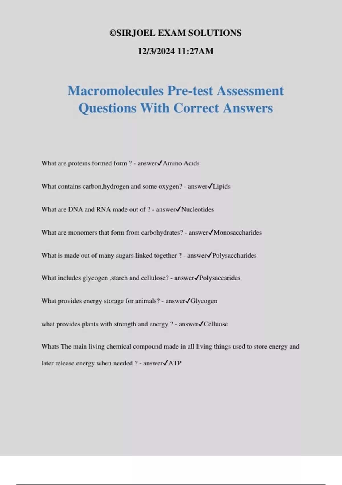Macromolecules Pre-test Assessment Questions With Correct Answers ...