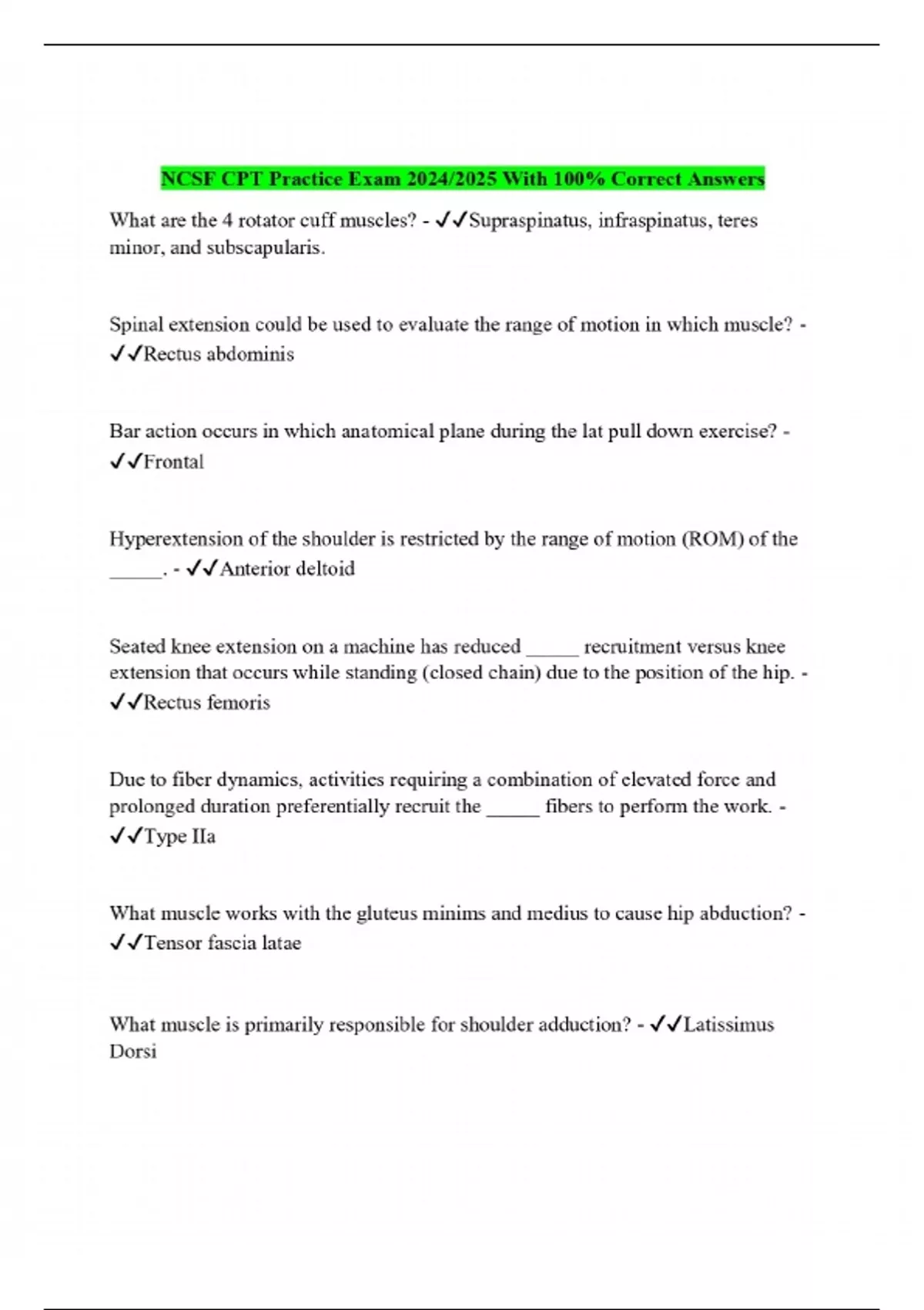 NCSF CPT Practice Exam 2024/2025 With 100% Correct Answers - NCSF CPT ...