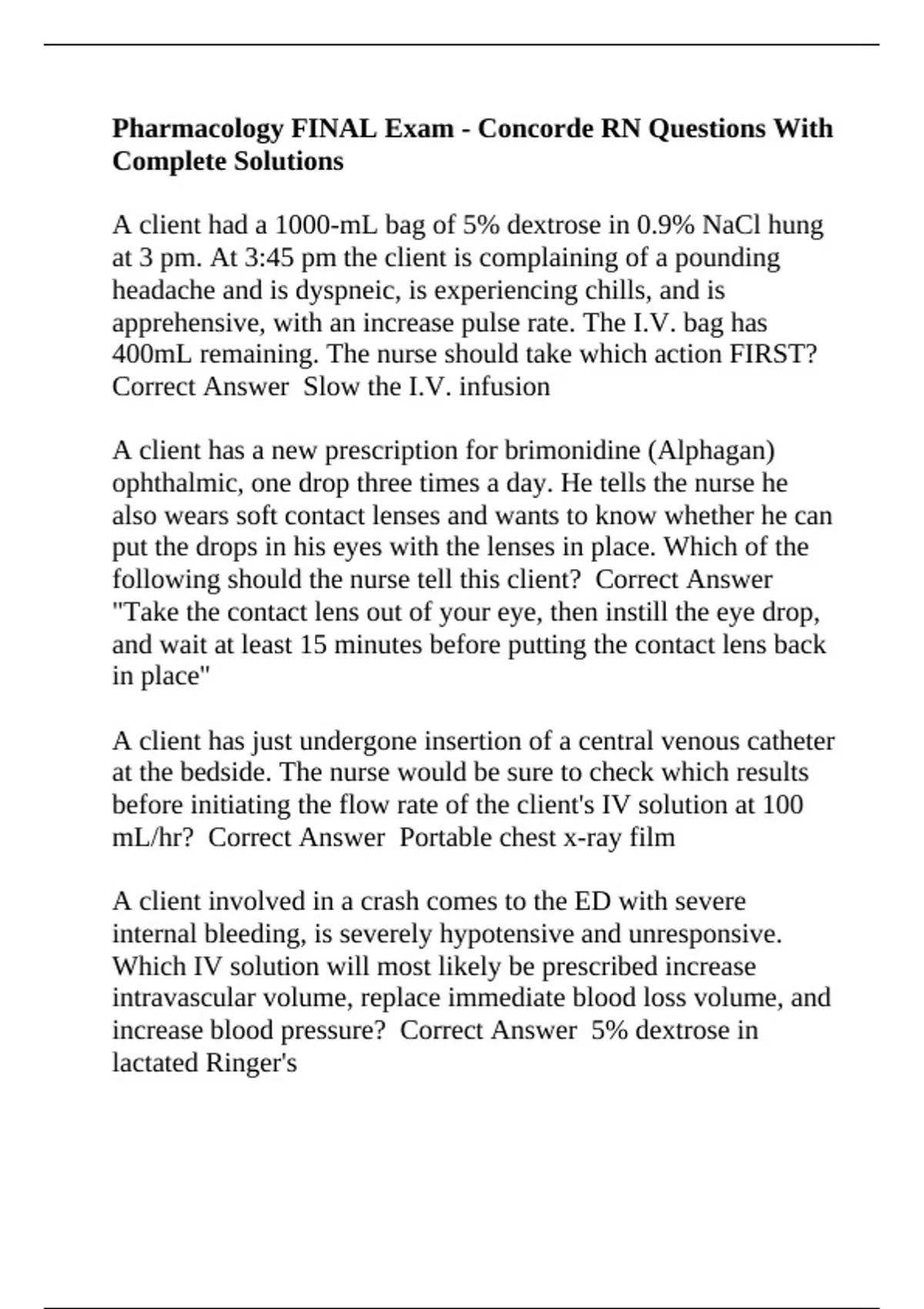 Pharmacology FINAL Exam - Concorde RN Questions With Complete Solutions ...