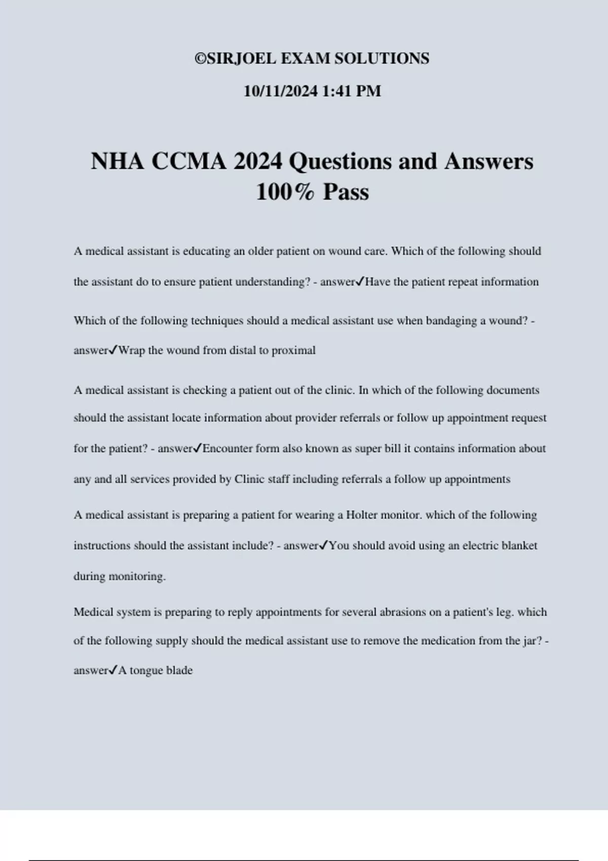 NHA CCMA 2024 Questions and Answers 100% Pass - NHA CCMA - Stuvia US