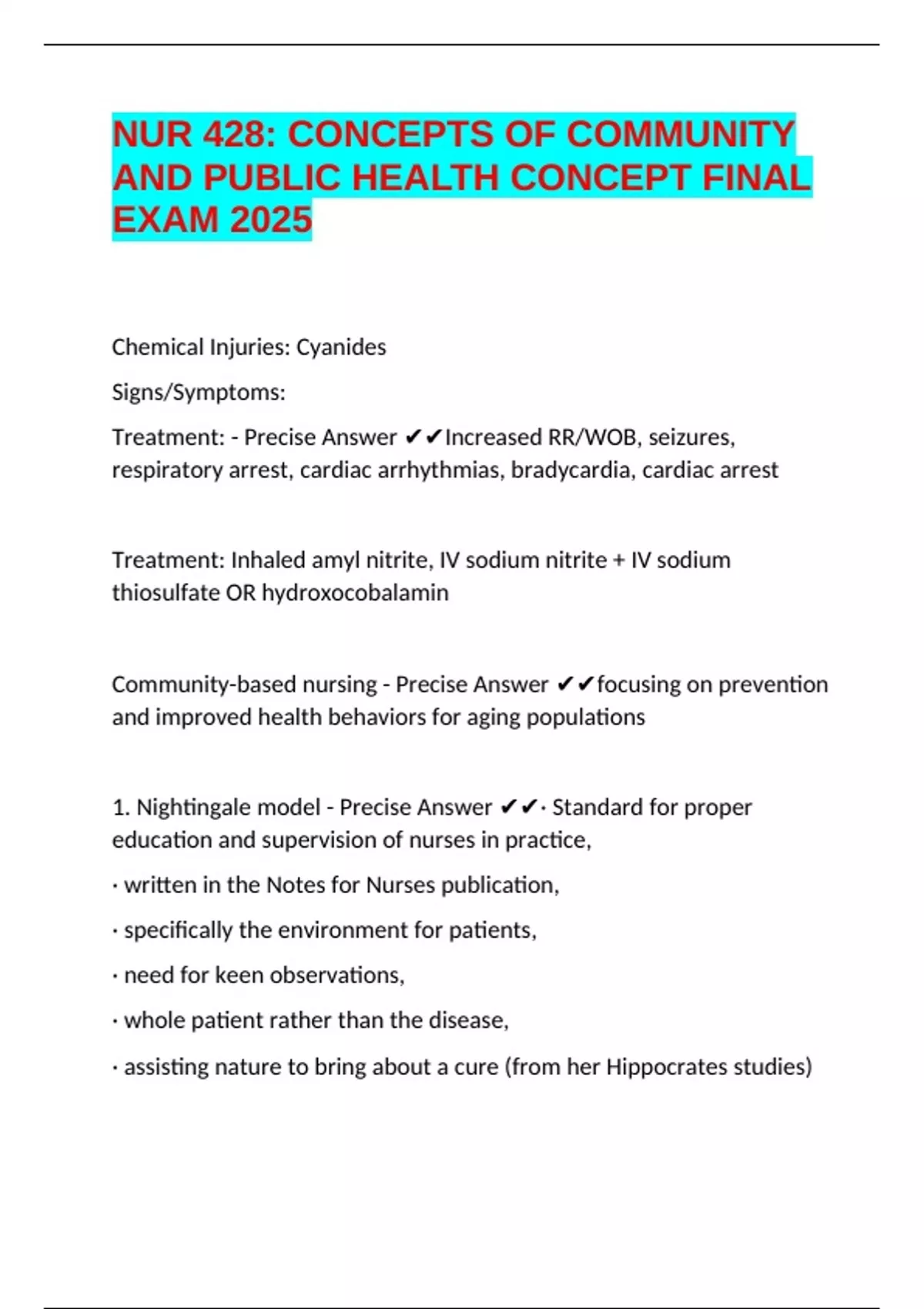 NUR 428: CONCEPTS OF COMMUNITY AND PUBLIC HEALTH CONCEPT FINAL EXAM ...