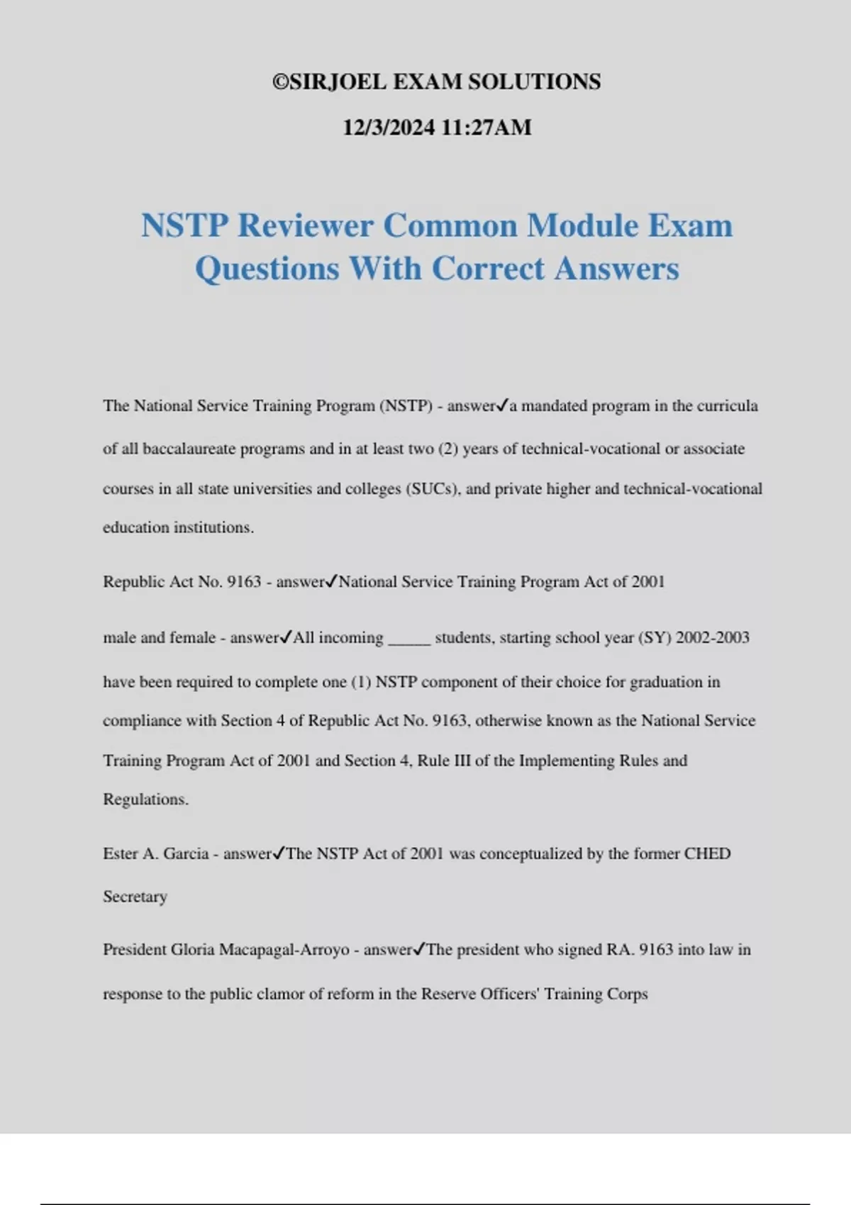 NSTP Reviewer Common Module Exam Questions With Correct Answers - NSTP ...