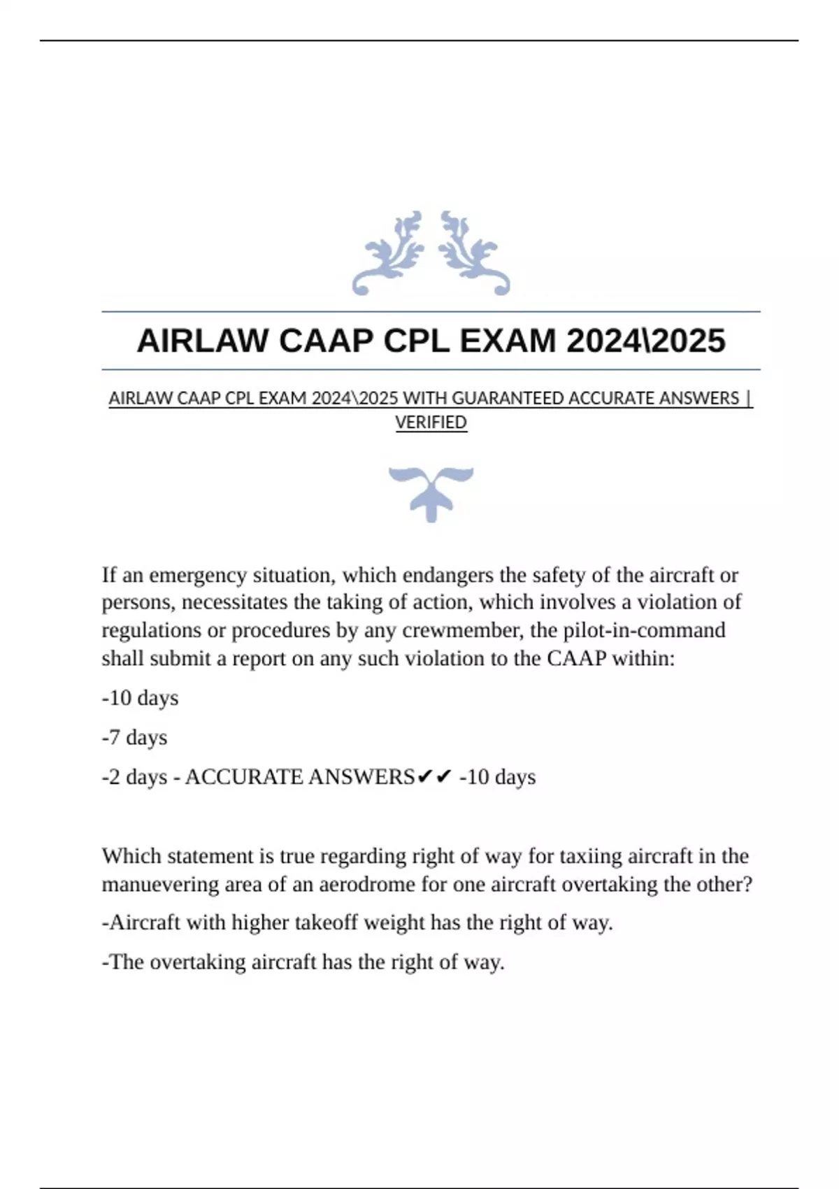 AIRLAW CAAP CPL EXAM WITH GUARANTEED ACCURATE ANSWERS |VERIFIED ...