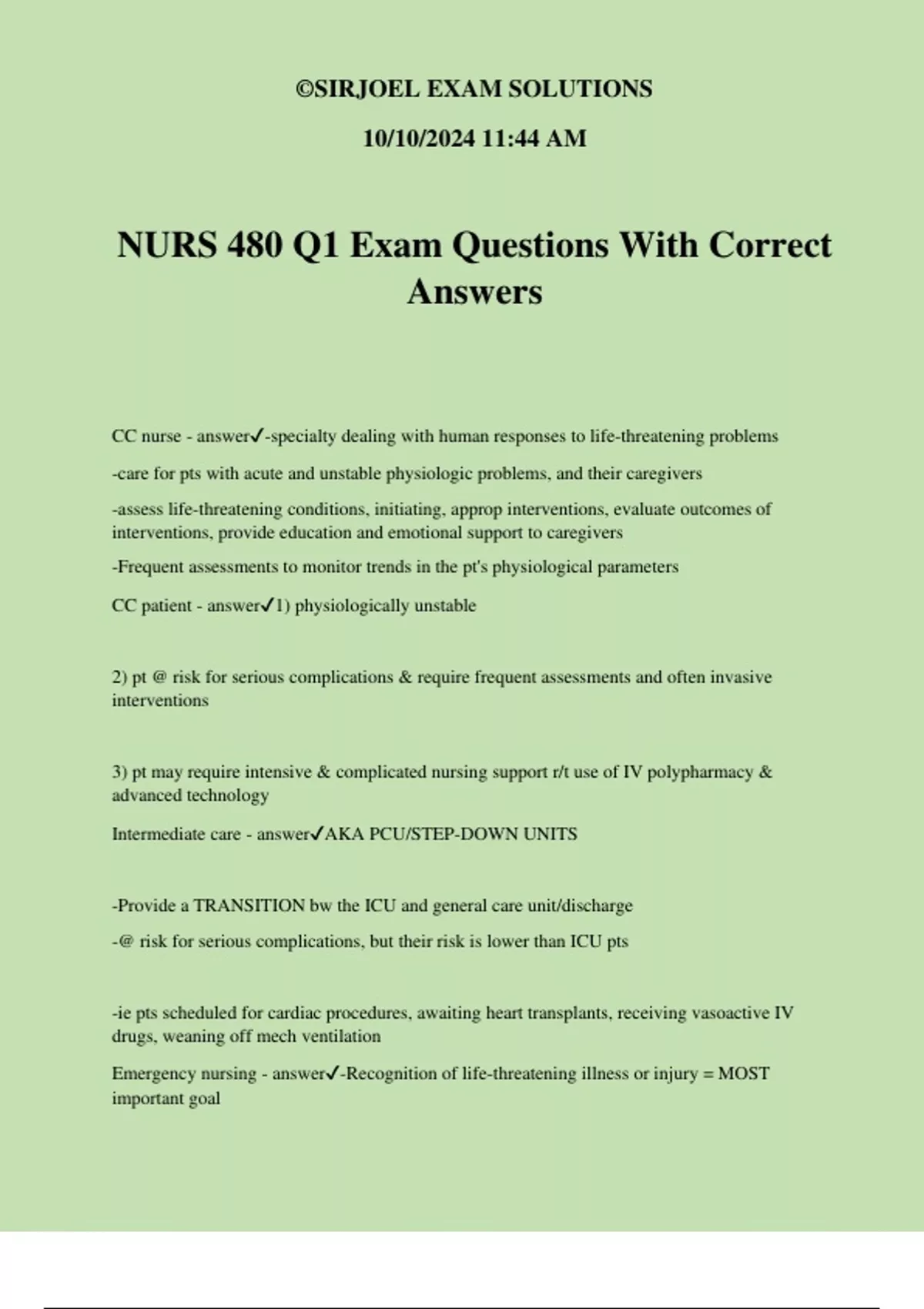NURS 480 Q1 Exam Questions With Correct Answers - NURS 480 - Stuvia US