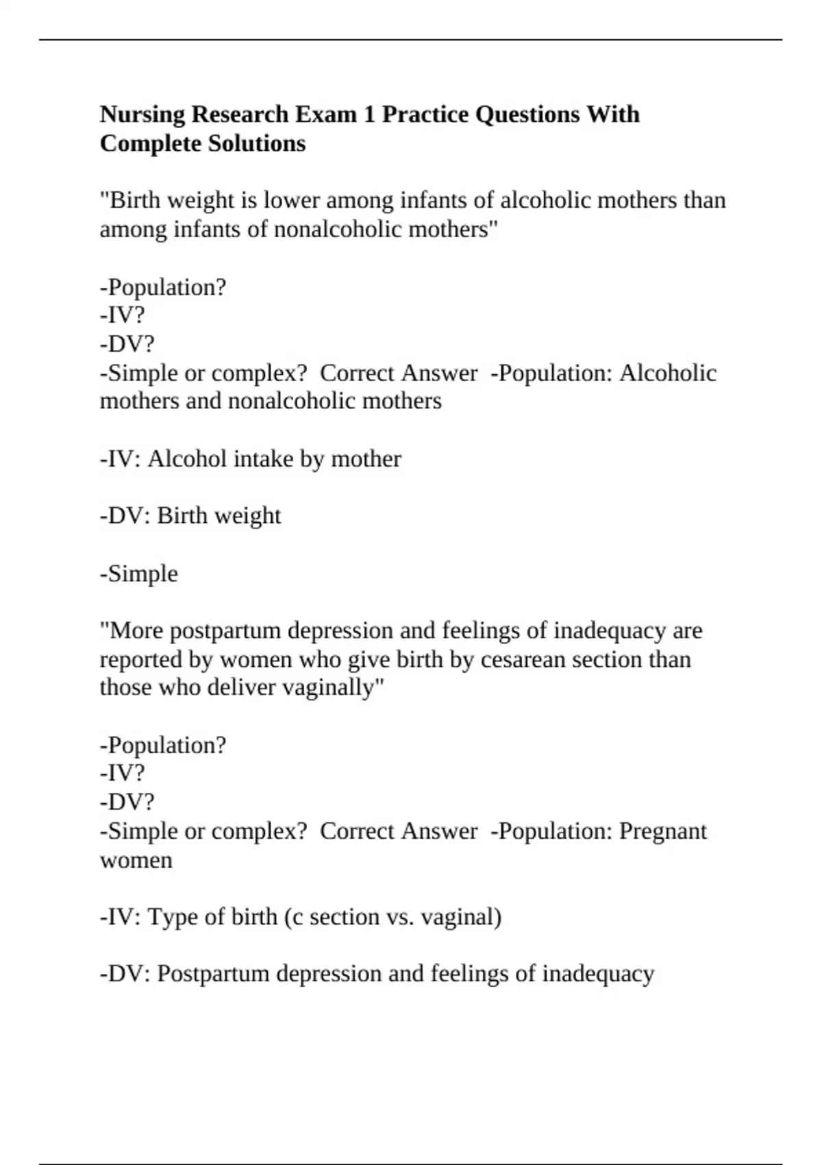 Nursing Research Exam 1 Practice Questions With Complete Solutions ...