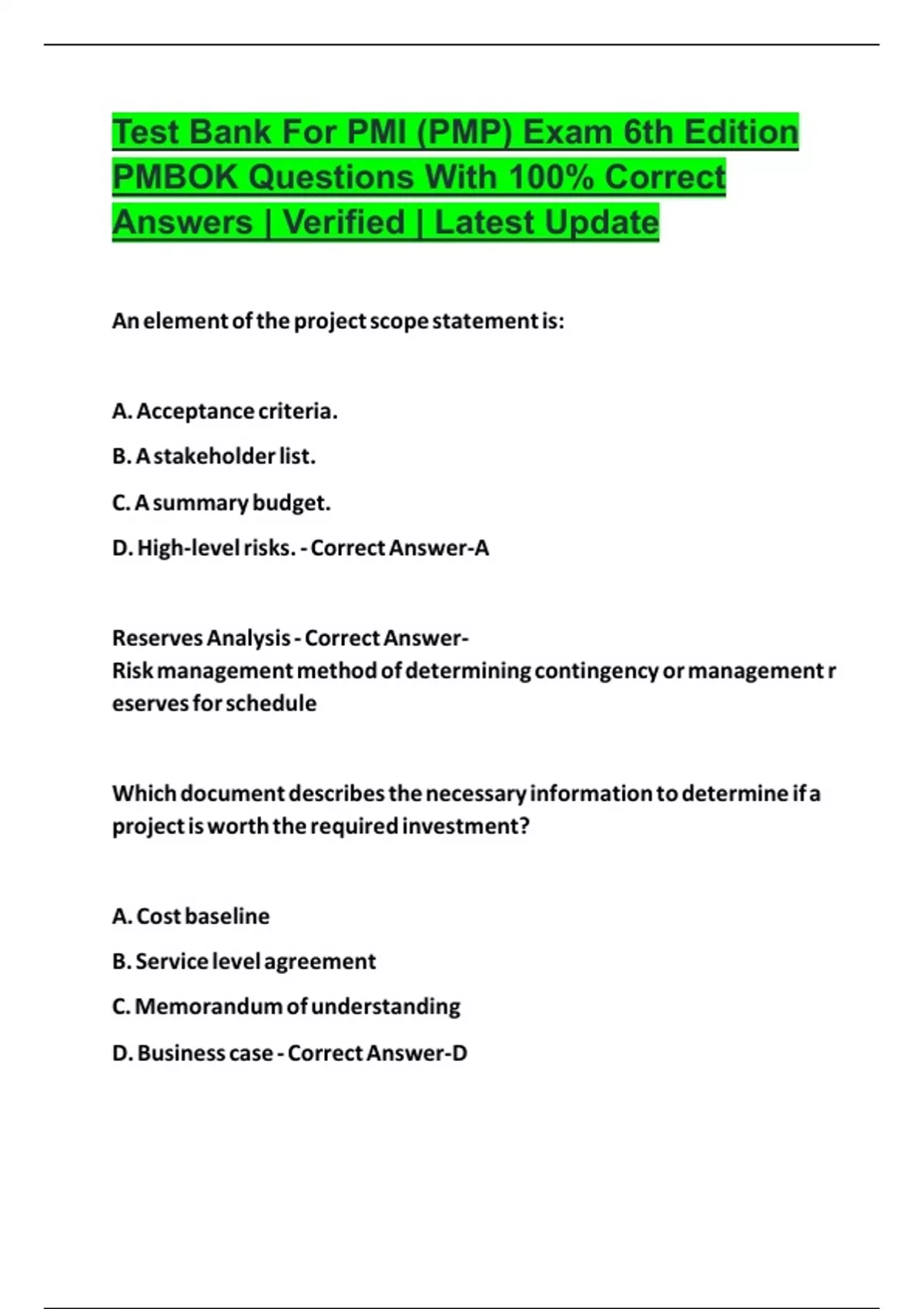 Test Bank For PMI (PMP) Exam 6th Edition PMBOK Questions With 100% ...