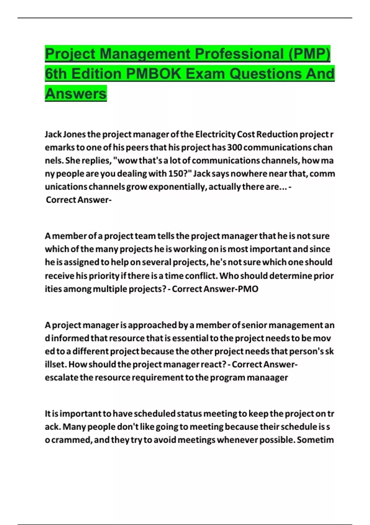 Project Management Professional (PMP) 6th Edition PMBOK Exam Questions And Answers - PMP ...