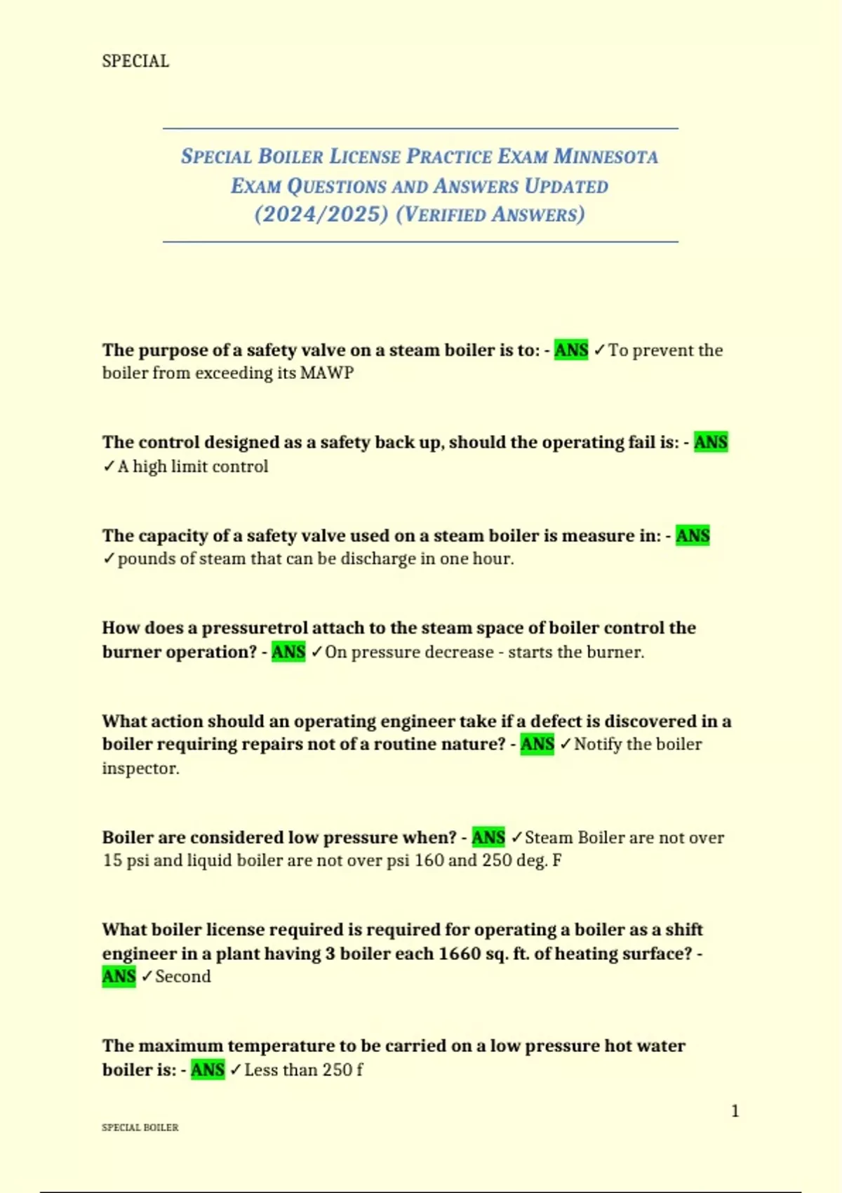 SPECIAL BOILER LICENSE PRACTICE EXAM MINNESOTA EXAM QUESTIONS AND ...