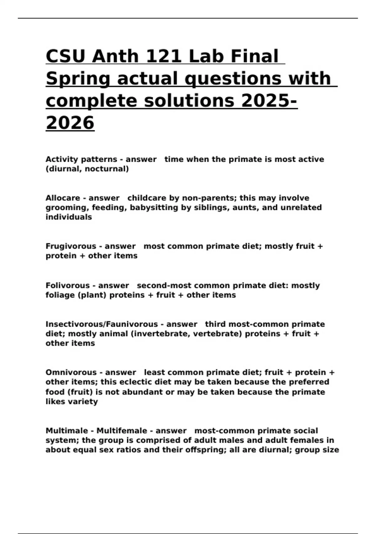 CSU Anth 121 Lab Final Spring actual questions with complete solutions - CSE 1321 KSU - Stuvia US