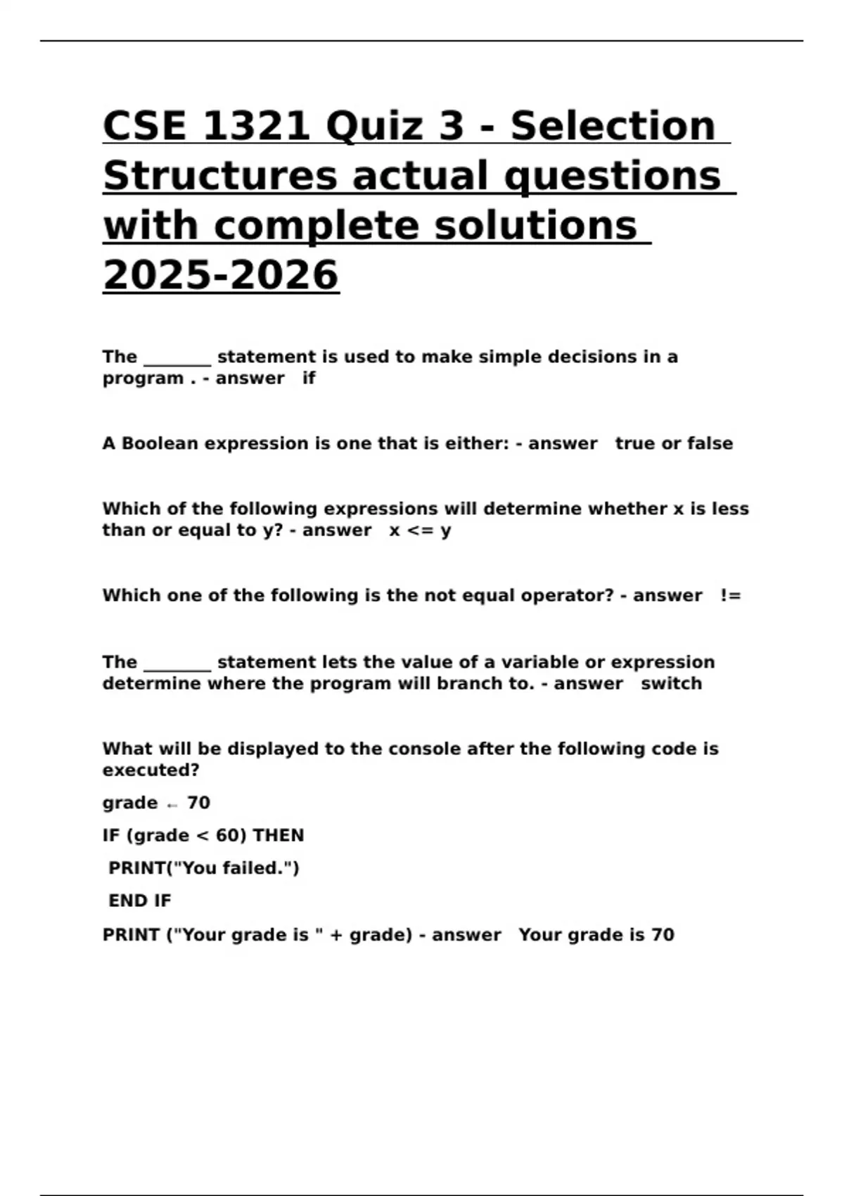 CSE 1321 Quiz 3 - Selection Structures actual questions with complete solutions . - CSE 1321 KSU ...
