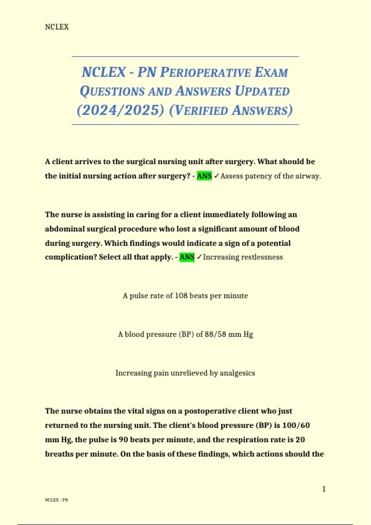 NCLEX - PN PERIOPERATIVE EXAM QUESTIONS AND ANSWERS UPDATED (2024/2025) (VERIFIED ANSWERS ...