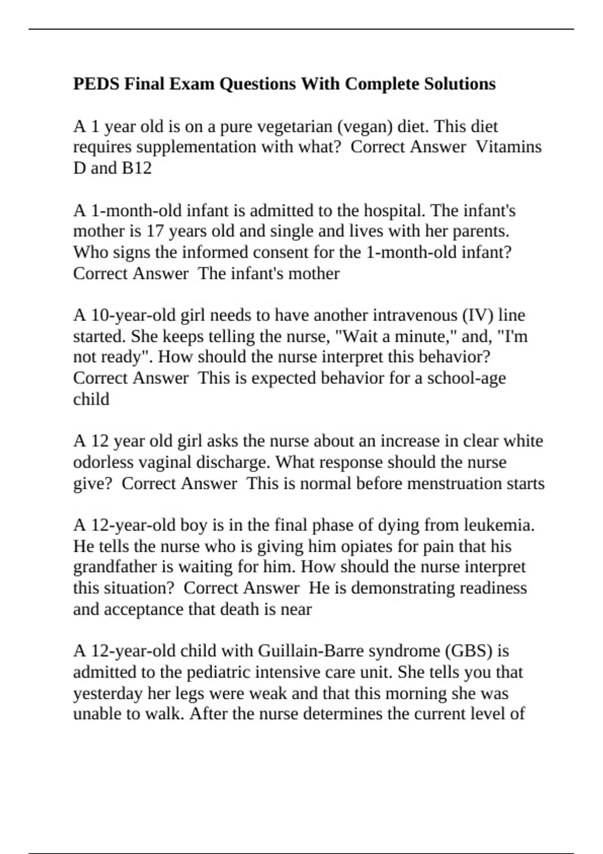 PEDS Final Exam Questions With Complete Solutions - Nursing peds ...