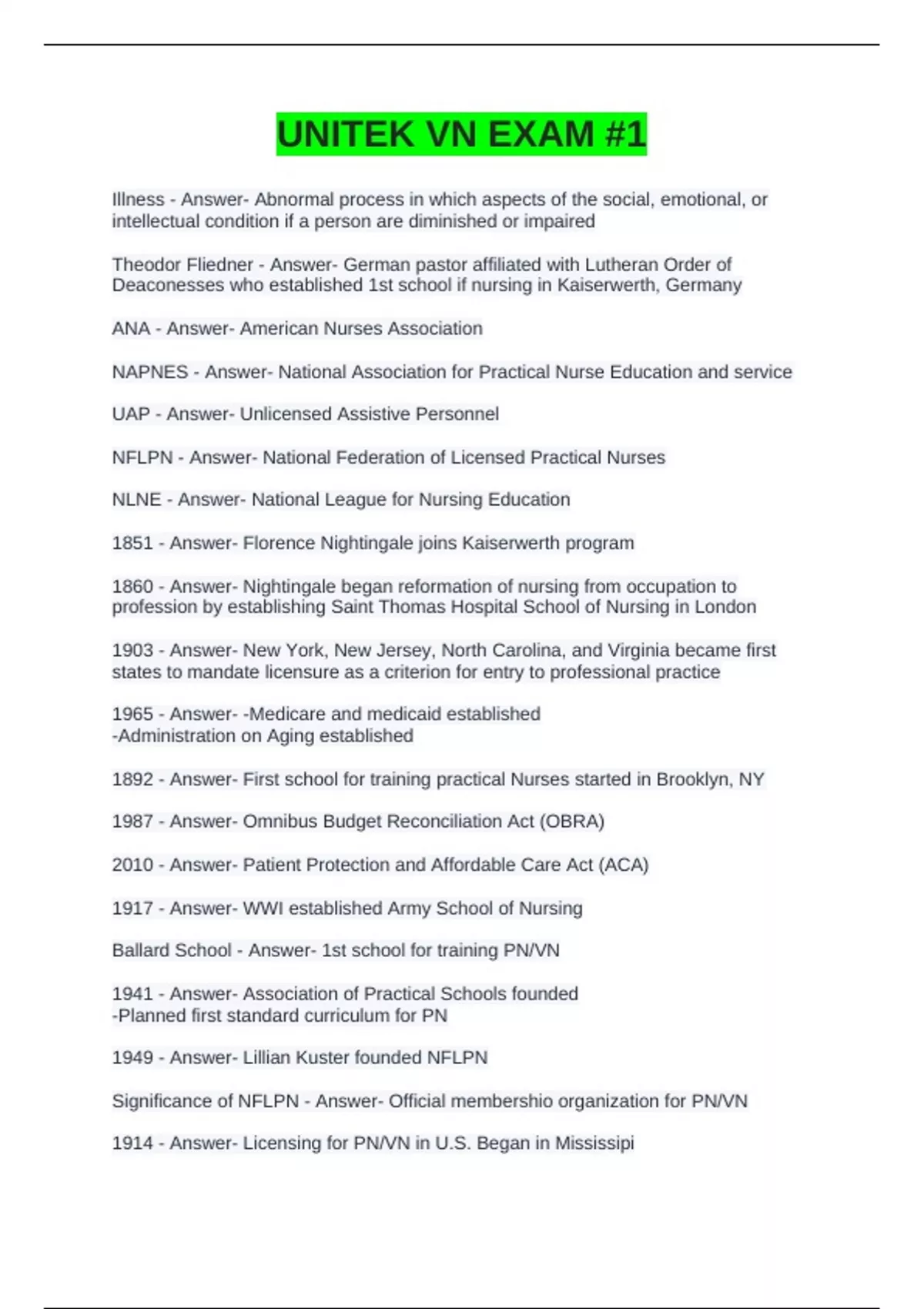 UNITEK VN EXAM #1 QUESTIONS AND ANSWERS - UNITEK VN #1 - Stuvia US