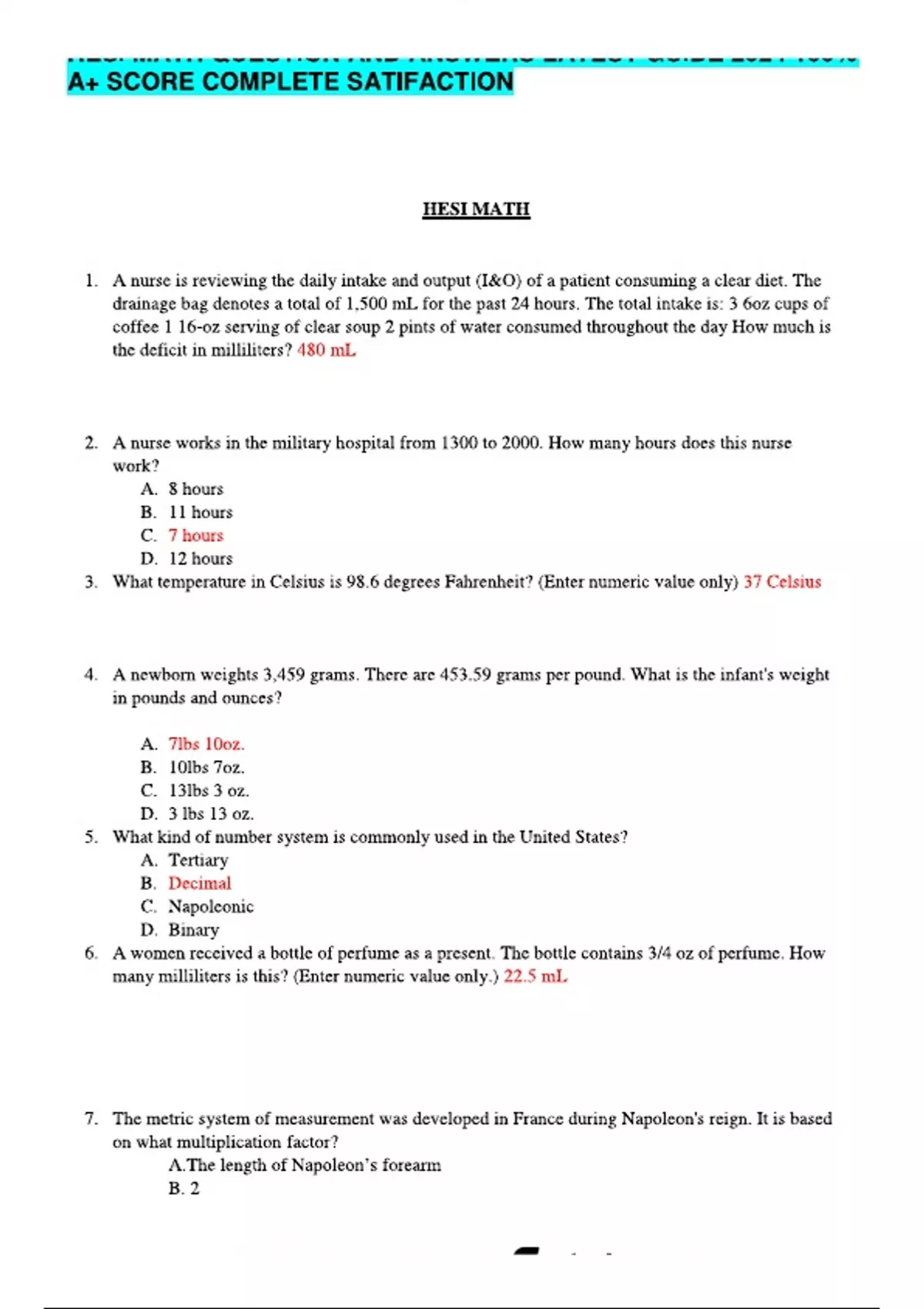 HESI MATH QUESTION AND ANSWERS LATEST GUIDE 2024 100- A+ SCORE COMPLETE ...