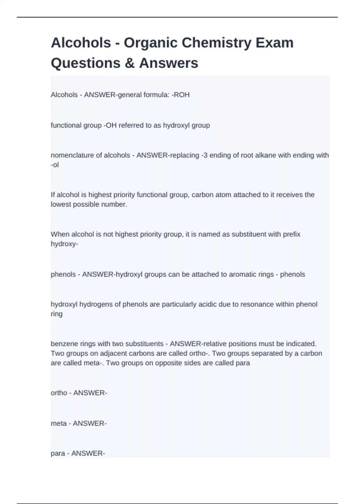 Alcohols - Organic Chemistry Exam Questions & Answers - Alcohols ...