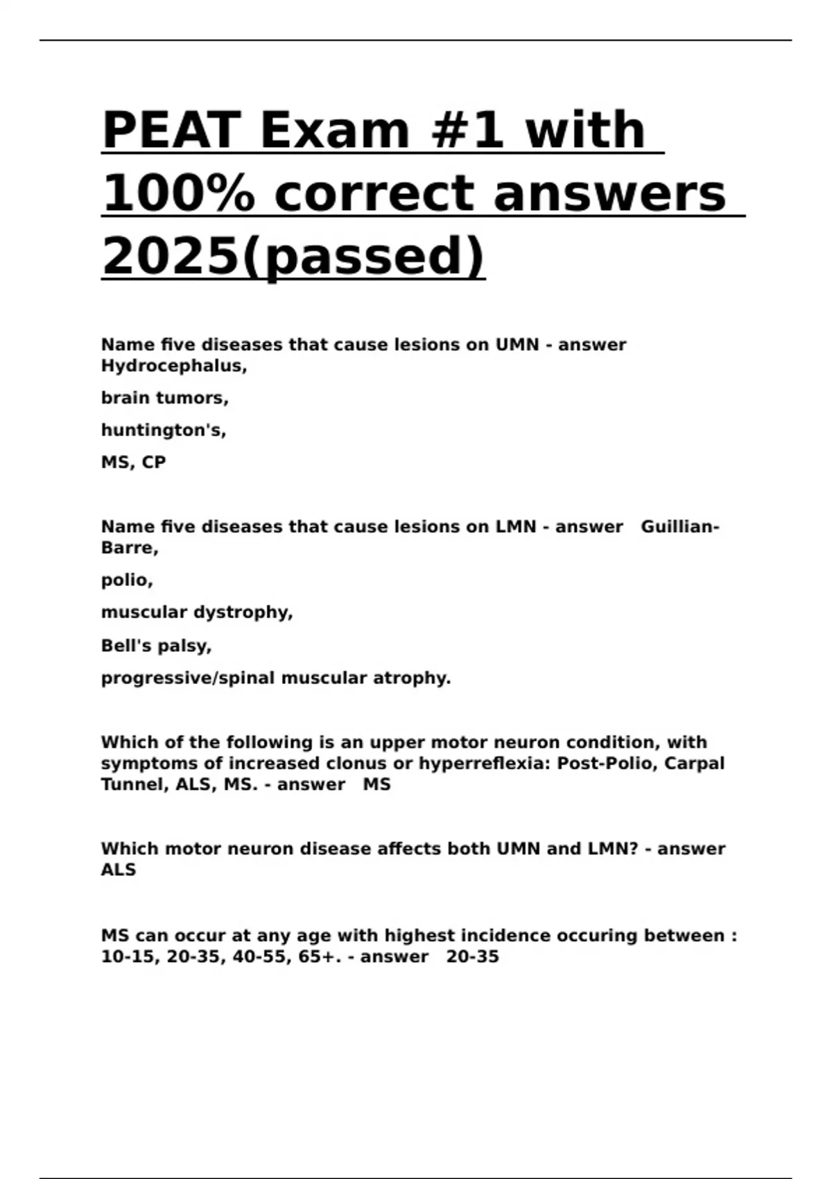 PEAT Exam -1 with 100- correct answers 2025(passed). - Peat - Stuvia US