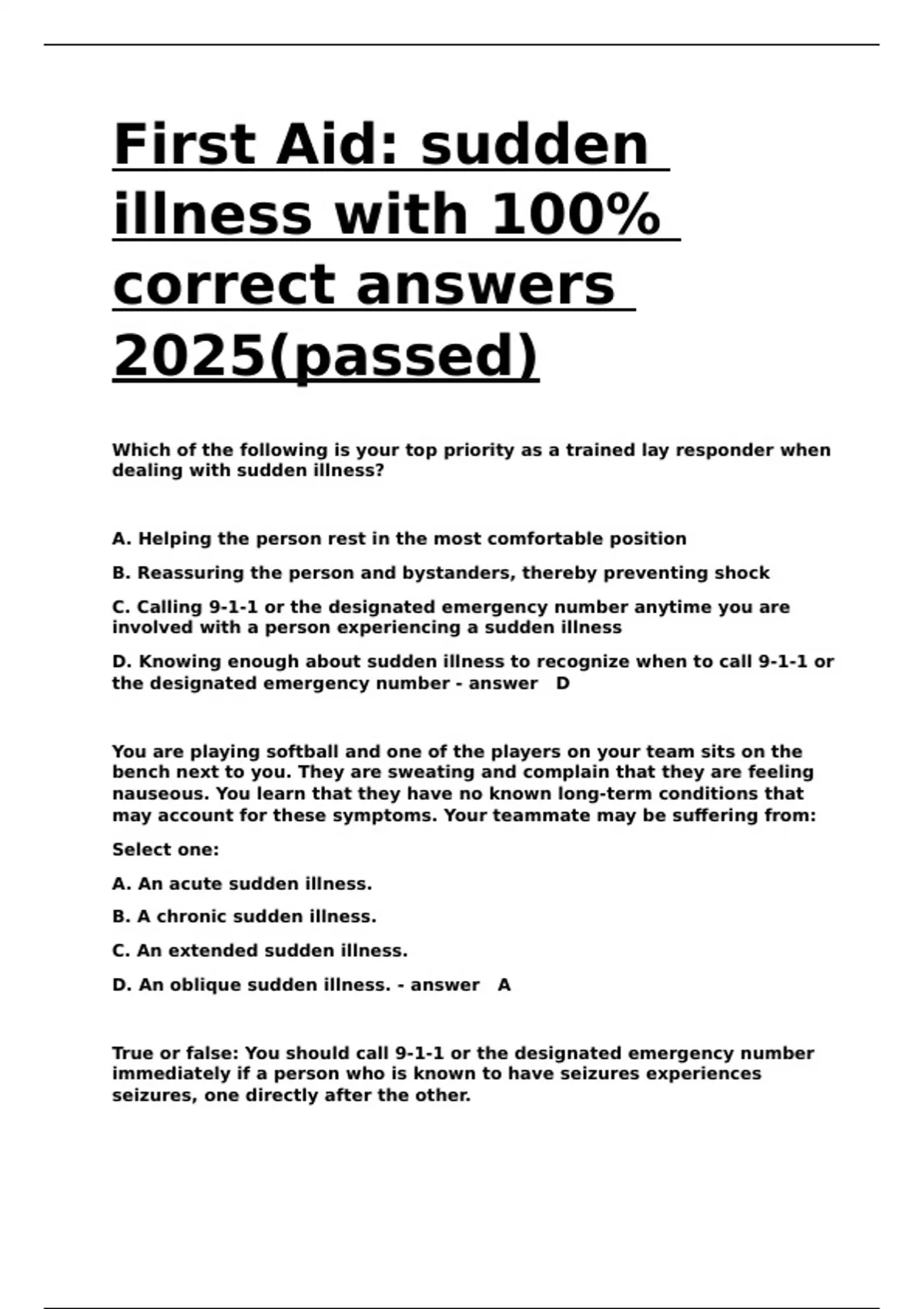 First Aid sudden illness with 100- correct answers 2025(passed ...